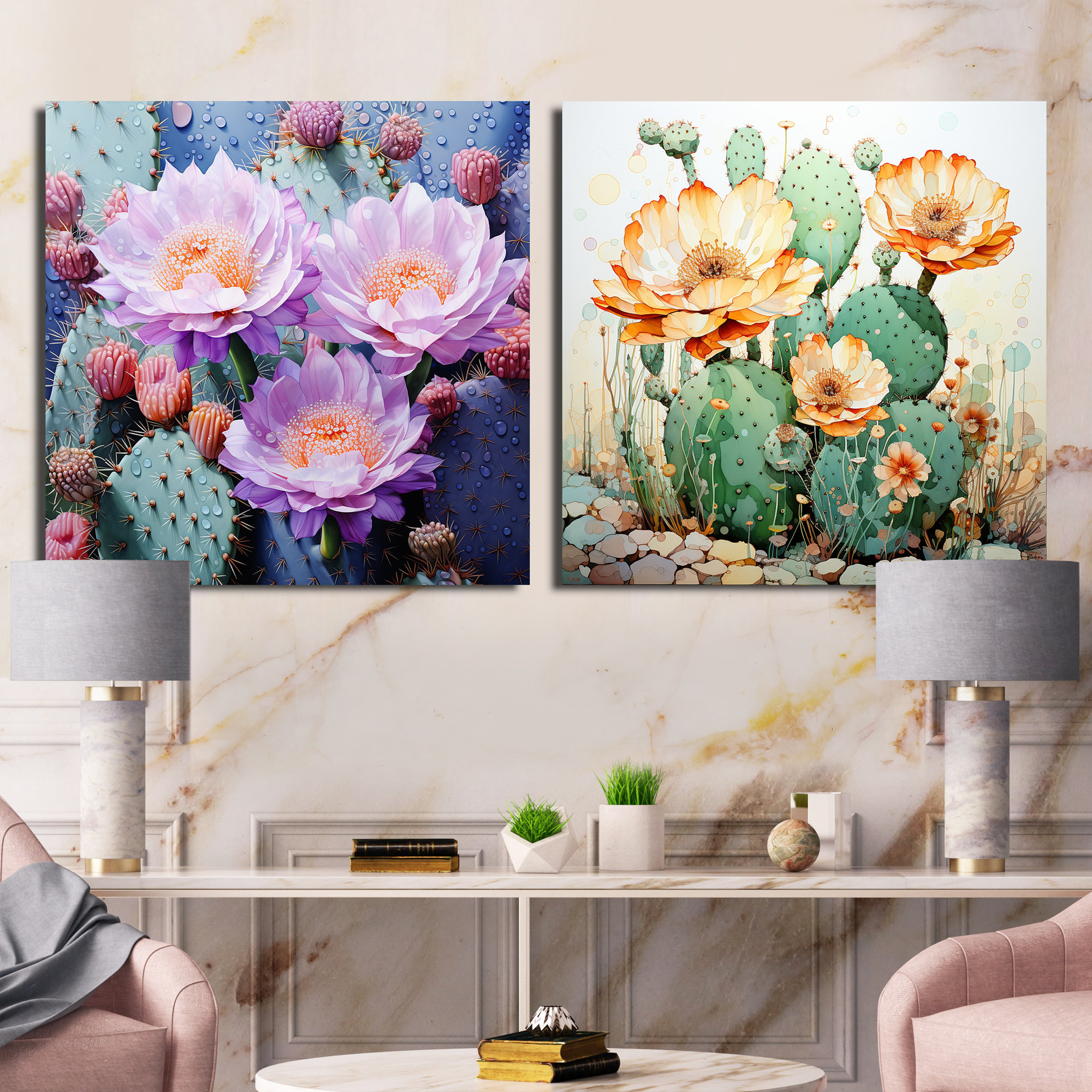 Bungalow Rose Pink Green Cactus Delicate Intricacies Fishhook - Floral Square Collage Set Of 2 ...