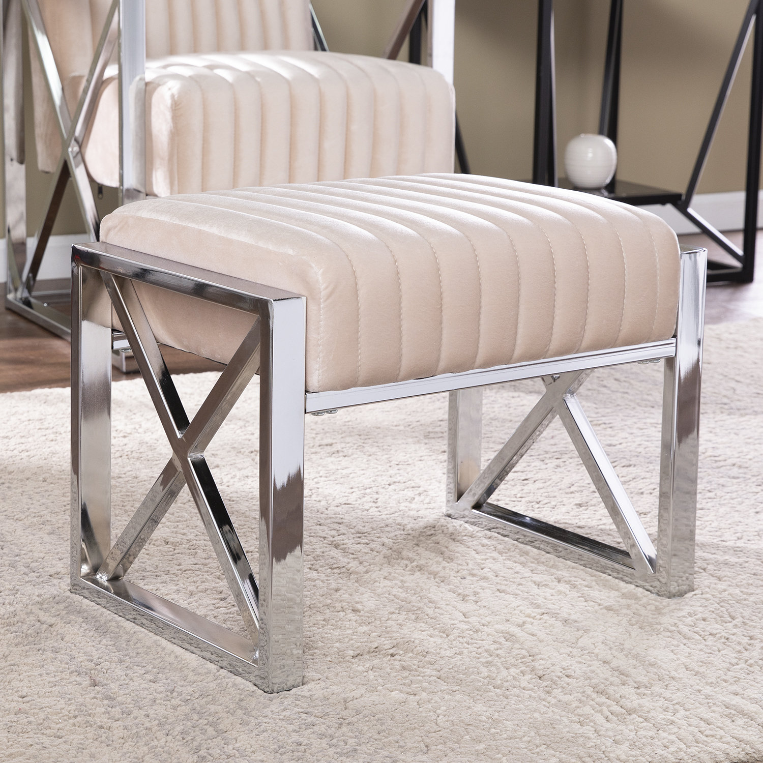 Brayden Studio Upholstered Ottoman With Chrome Frame, Contemporary ...