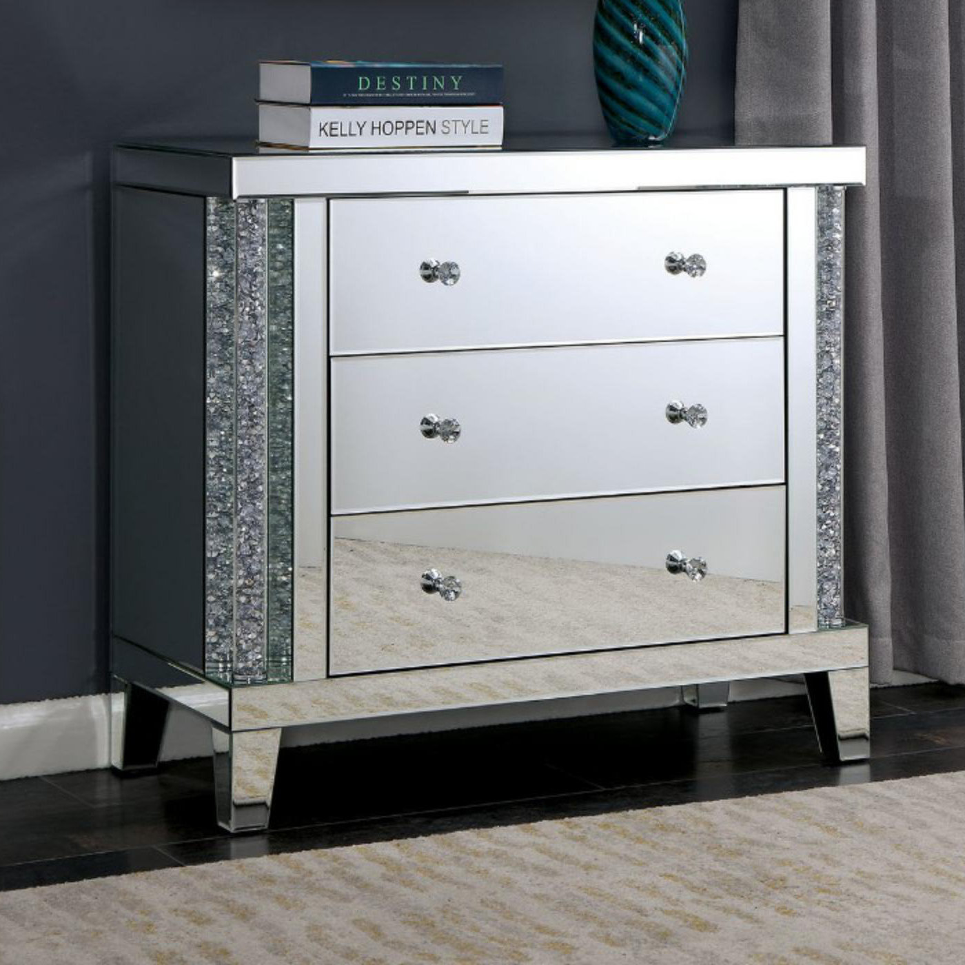 Benzara Acrylic Three Drawer Side Table with Mirror Panels and Double ...