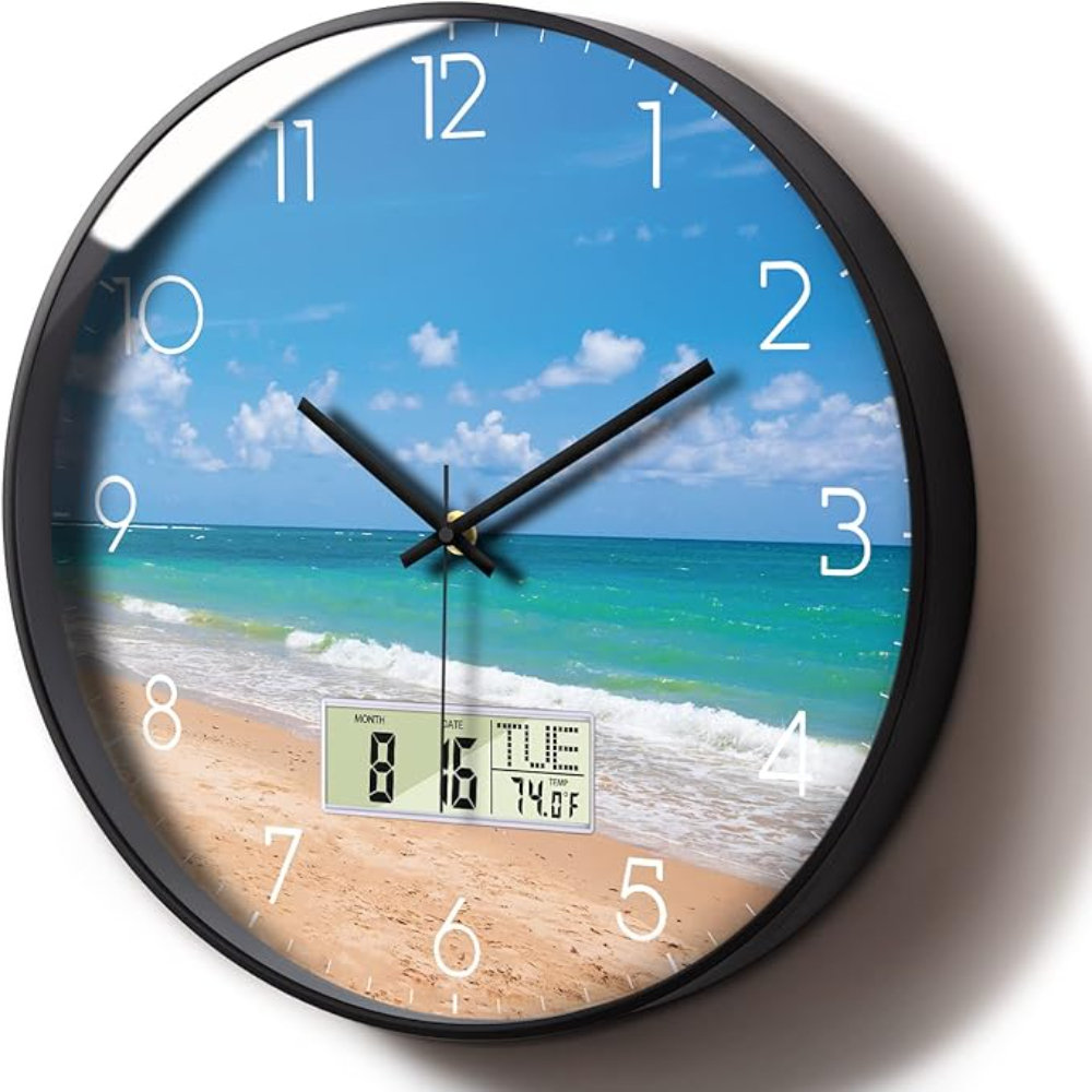 Latitude Run® Modern Wall Clocks With Calendar And Date Ocean Wave Sea Beach Digital Clock Large ...