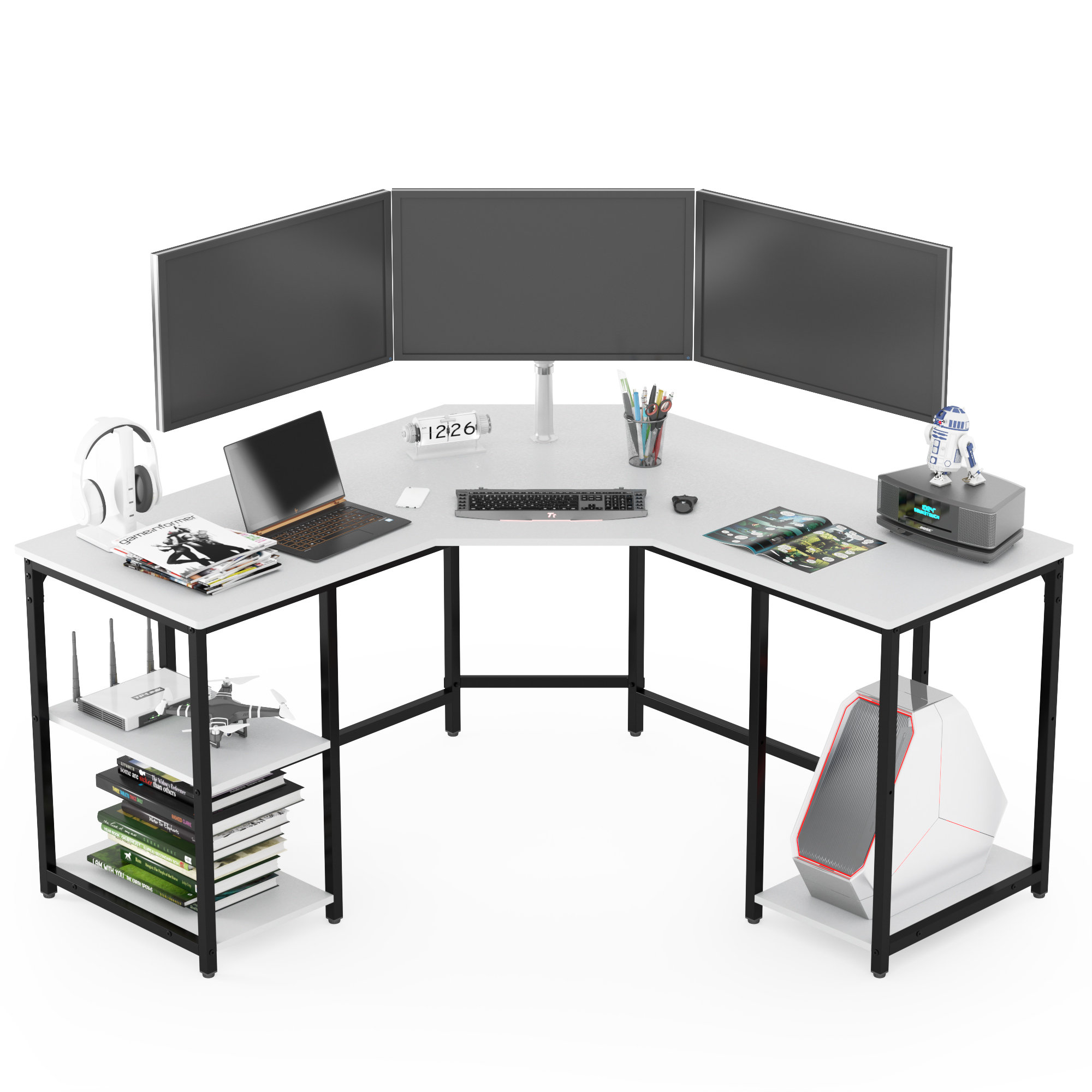 Inbox Zero 56.9" L Shaped Desk with Shelves Corner Computer Desk Large ...