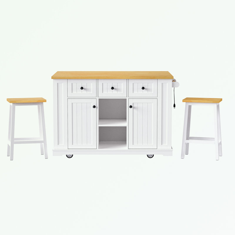 Lark Manor™ Kitchen Island with 2 Bar Stools, Power Outlet, Drop Leaf ...
