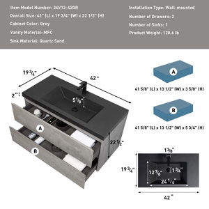 Latitude Run® 42" Floating Bathroom Vanity with Sink, Modern Wall ...