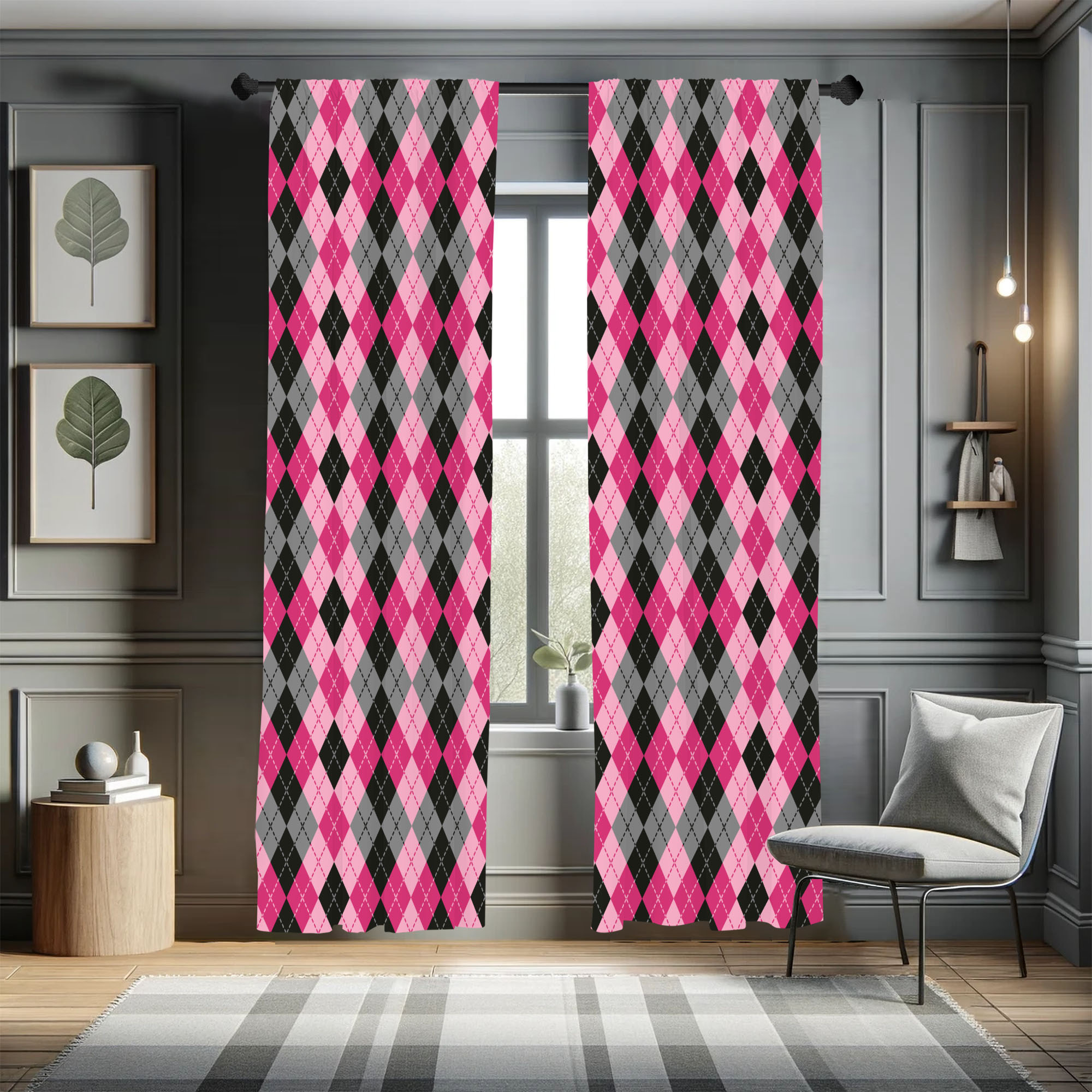Ebern Designs Pink Grey Curtains, Diamonds and Lozenges, Pale Pink ...
