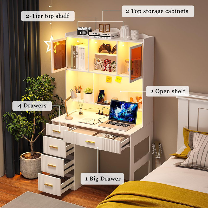 Latitude Run® Computer Desk with Hutch and LED Lighting & Reviews | Wayfair