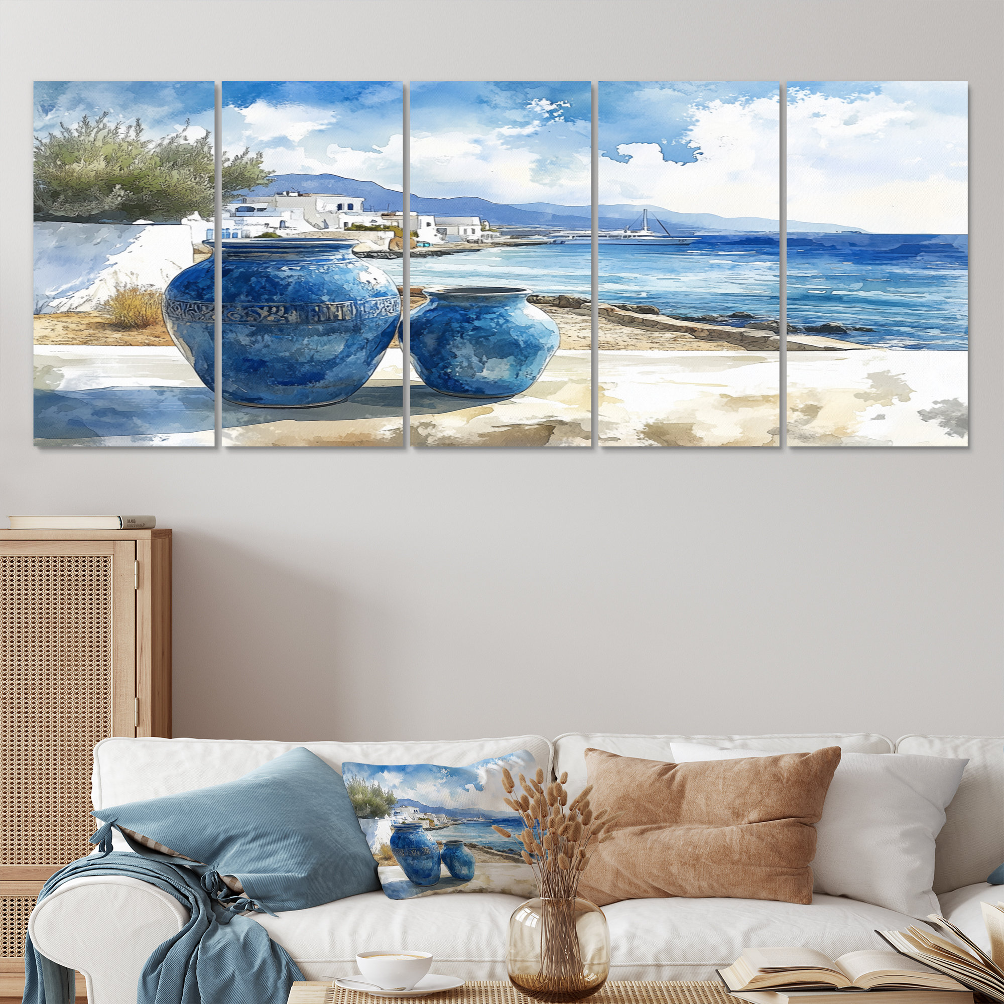 Beachcrest Home Blue And White Greek Pottery Coastal Artistry - Boho ...