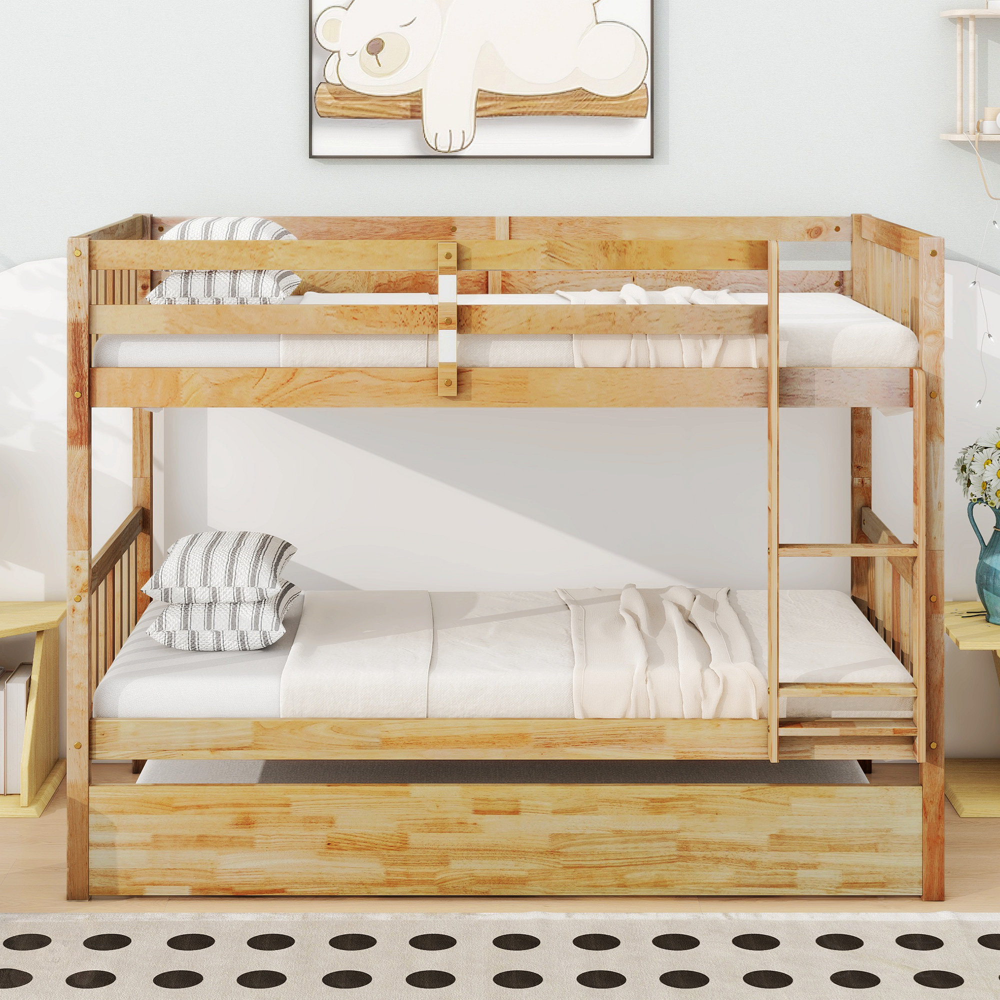 Harriet Bee Twin Over Twin Rubber Wood Bunk Bed With Trundle | Wayfair