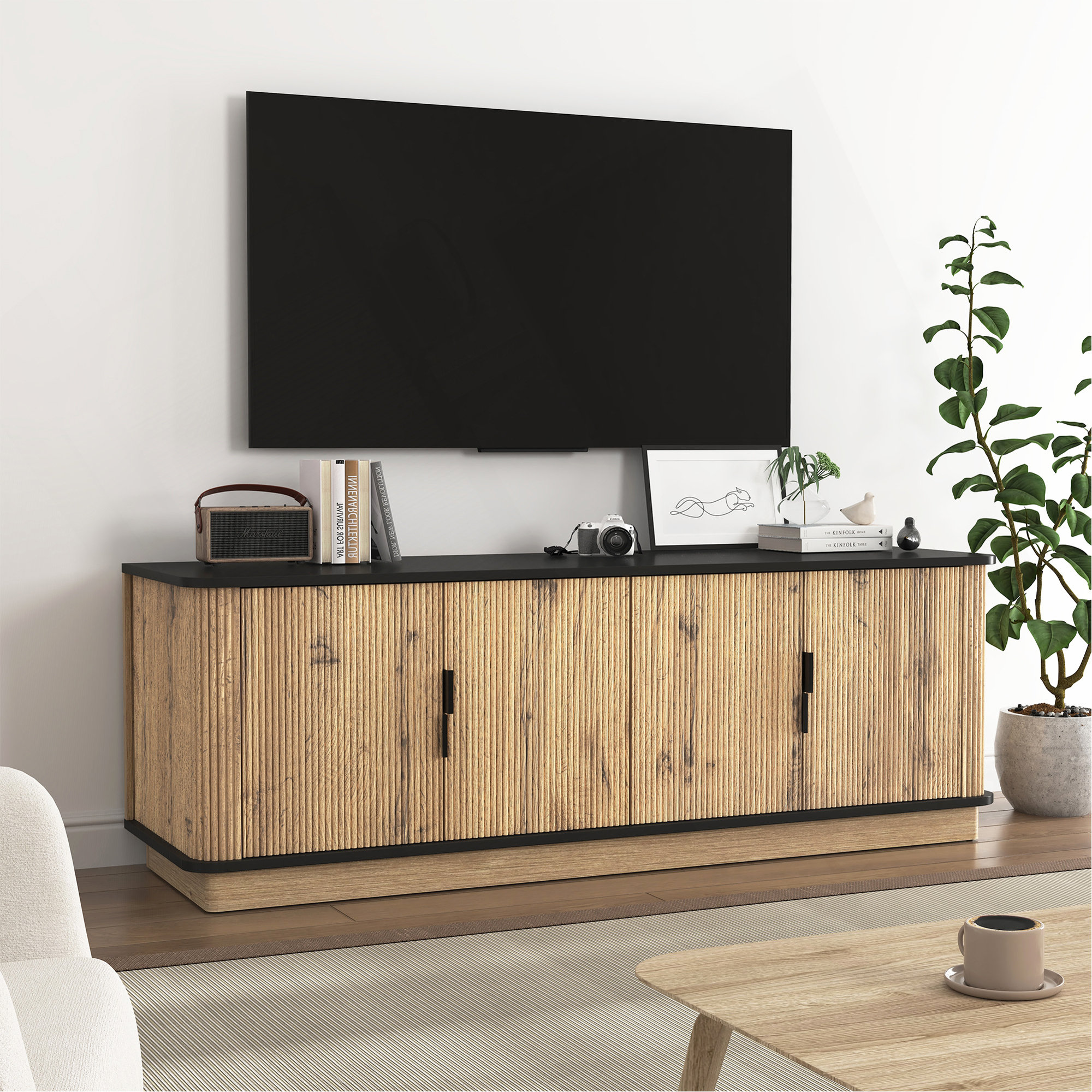 Loon Peak® Natural Wood Grain Four-Door MDF TV Cabinet, An Ideal Choice For TV And Item Storage ...