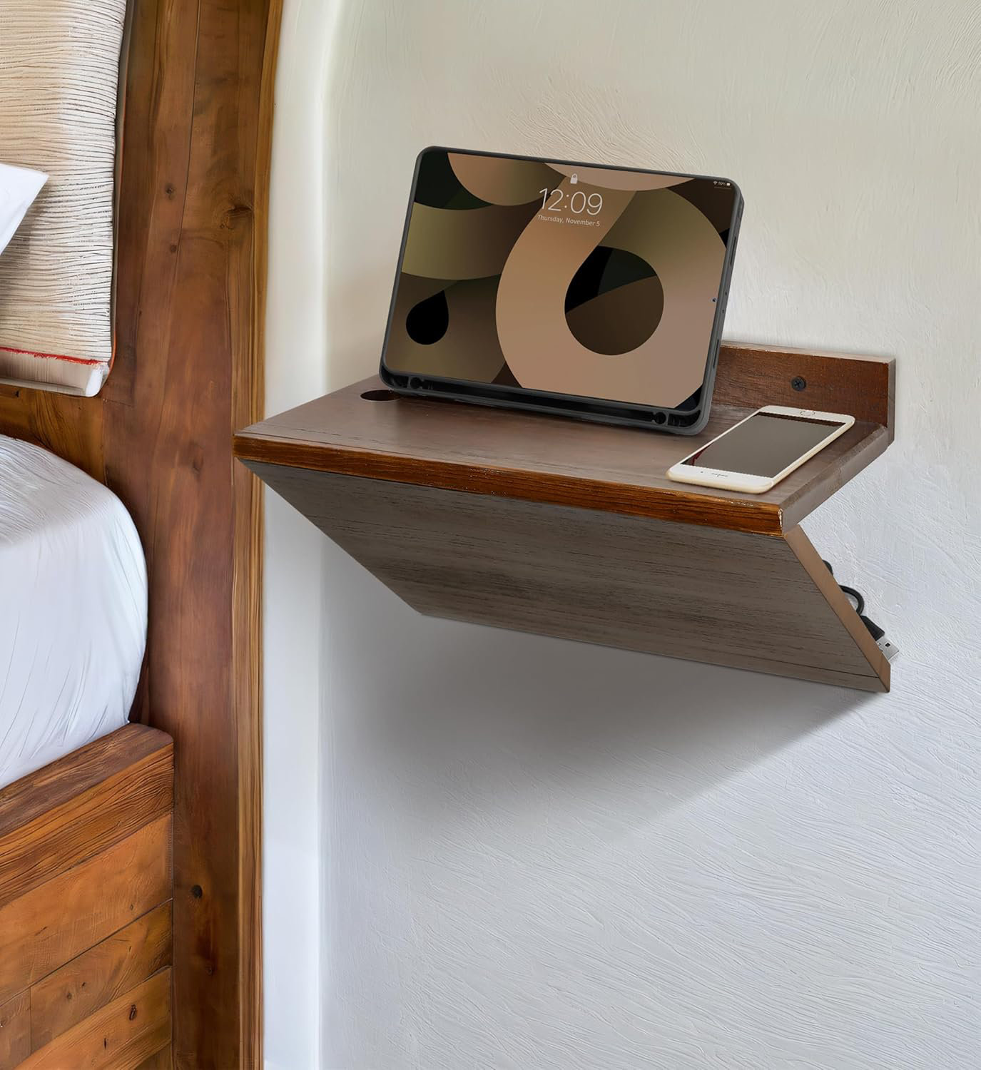 Ebern Designs Floating Nightstand, Walnut Wood Bedside Table with Cable ...