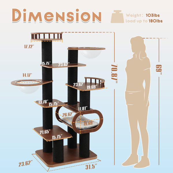 Zalap 71'' Modern Black Cat Tree for Indoor, Tall Solid Wood Cat Tower ...