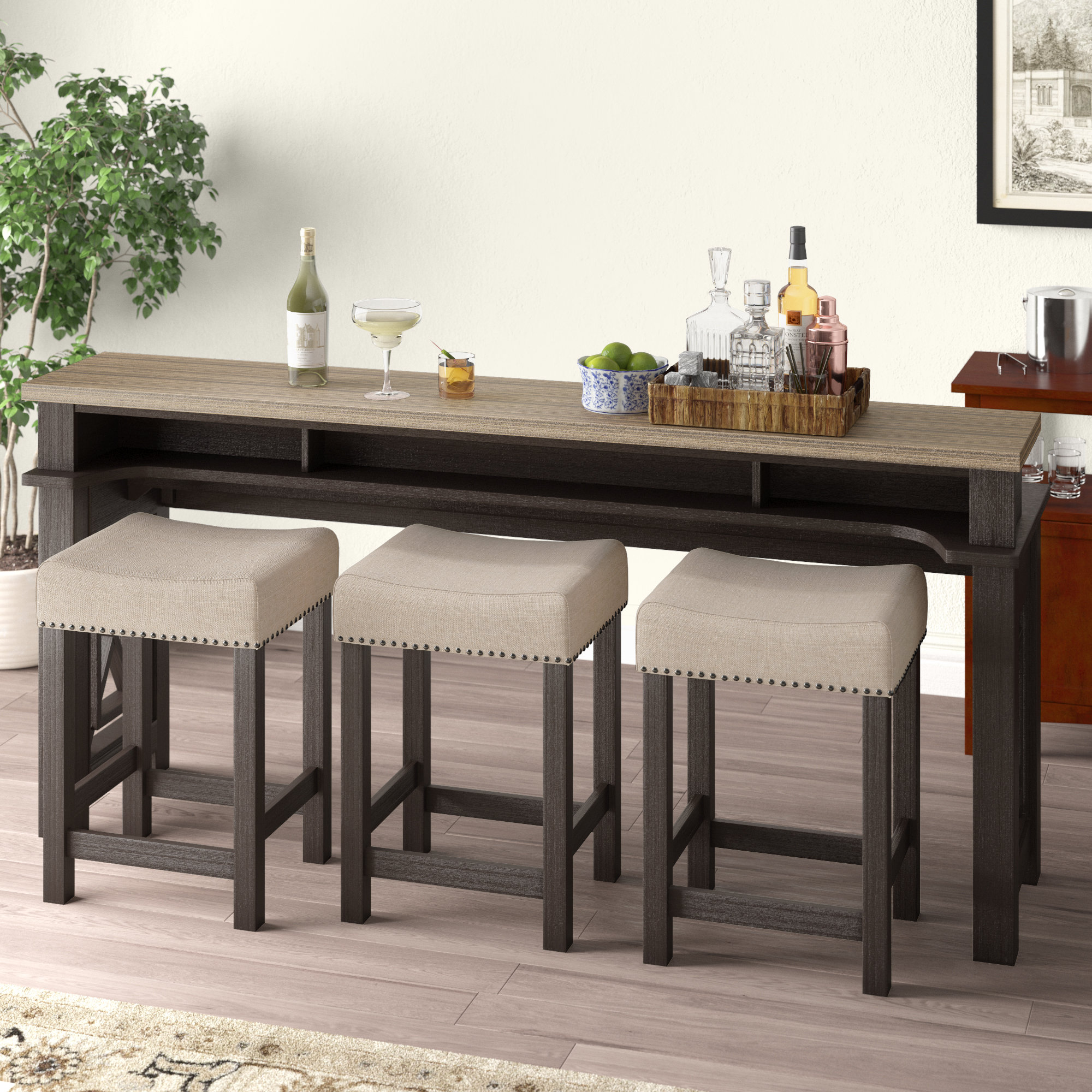 Lark Manor™ Canton Console Table Set w/ Three Upholstered Stools ...