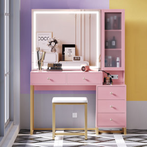 Mercer41 Pink Vanity Desk With Mirror And Lights, Makeup Vanity Table ...