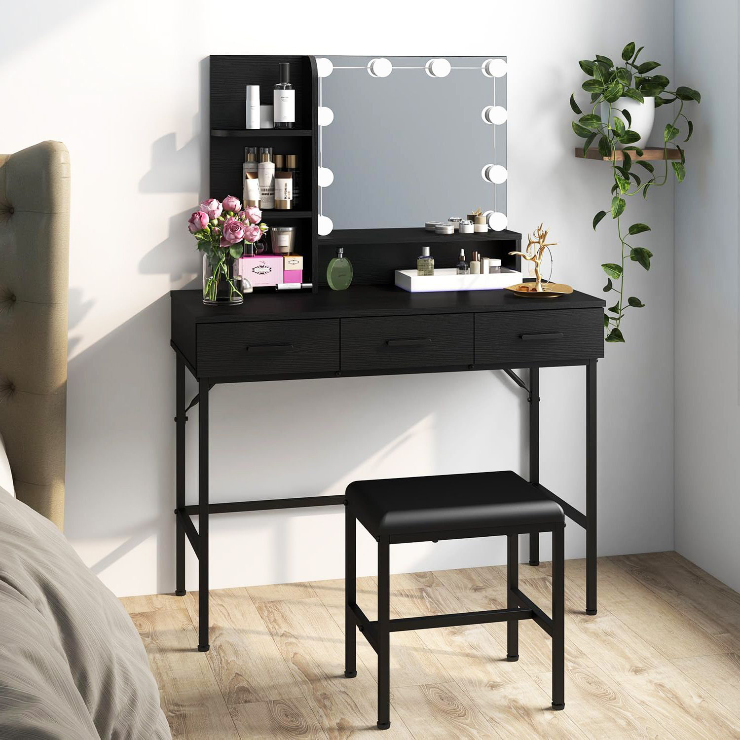 Ameriwood 3 Drawers Makeup Desk Dressing Table with Lots Storage Vanity Set with Wider Cushioned ...