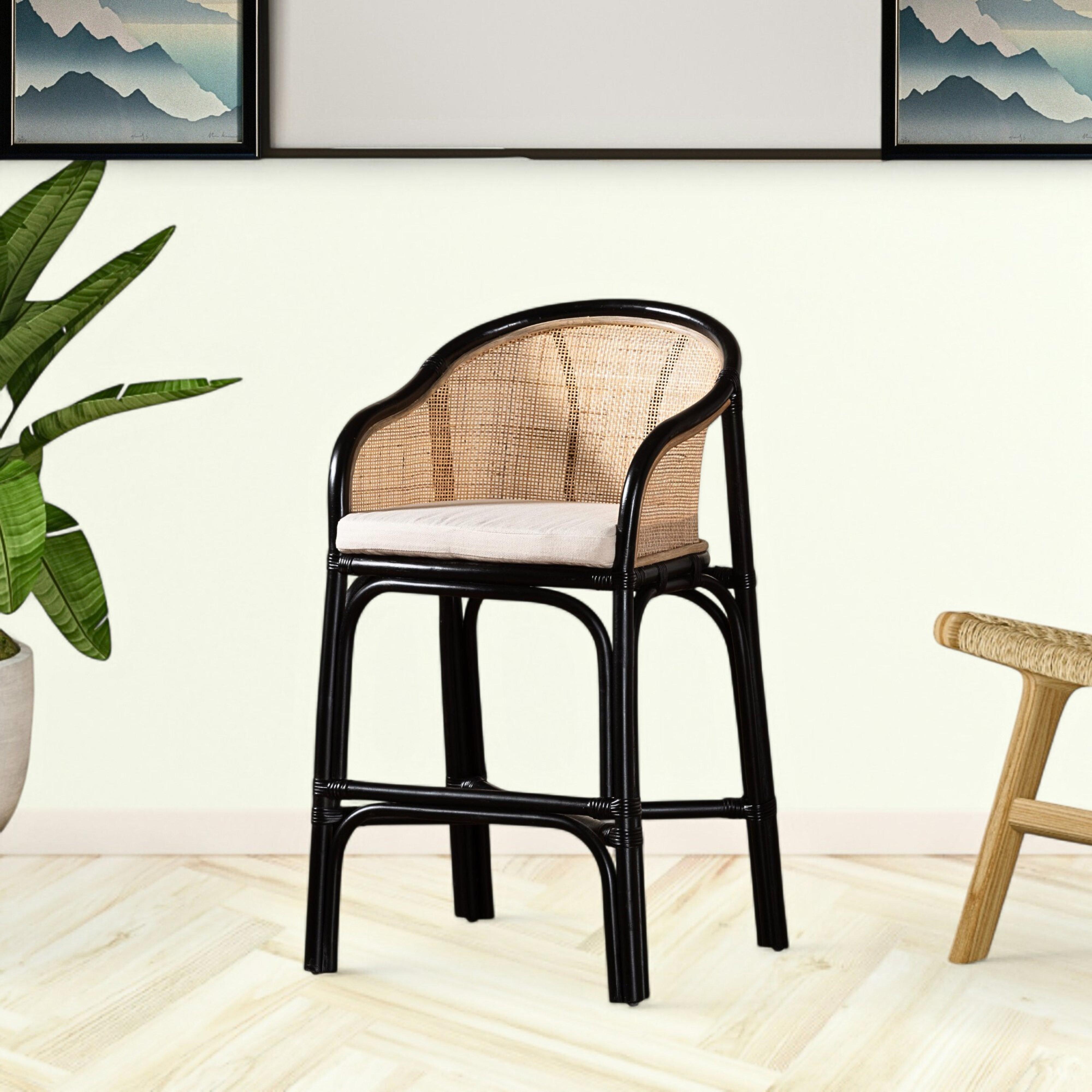 Livi Homes Thomas Rattan Counter Stool in Two Tone Black and Natural ...