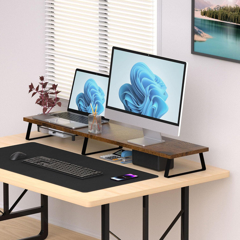 Inbox Zero Desktop Dual Monitor Stand Riser for 2 Monitors with Metal Legs & Drawer, Office Desk ...