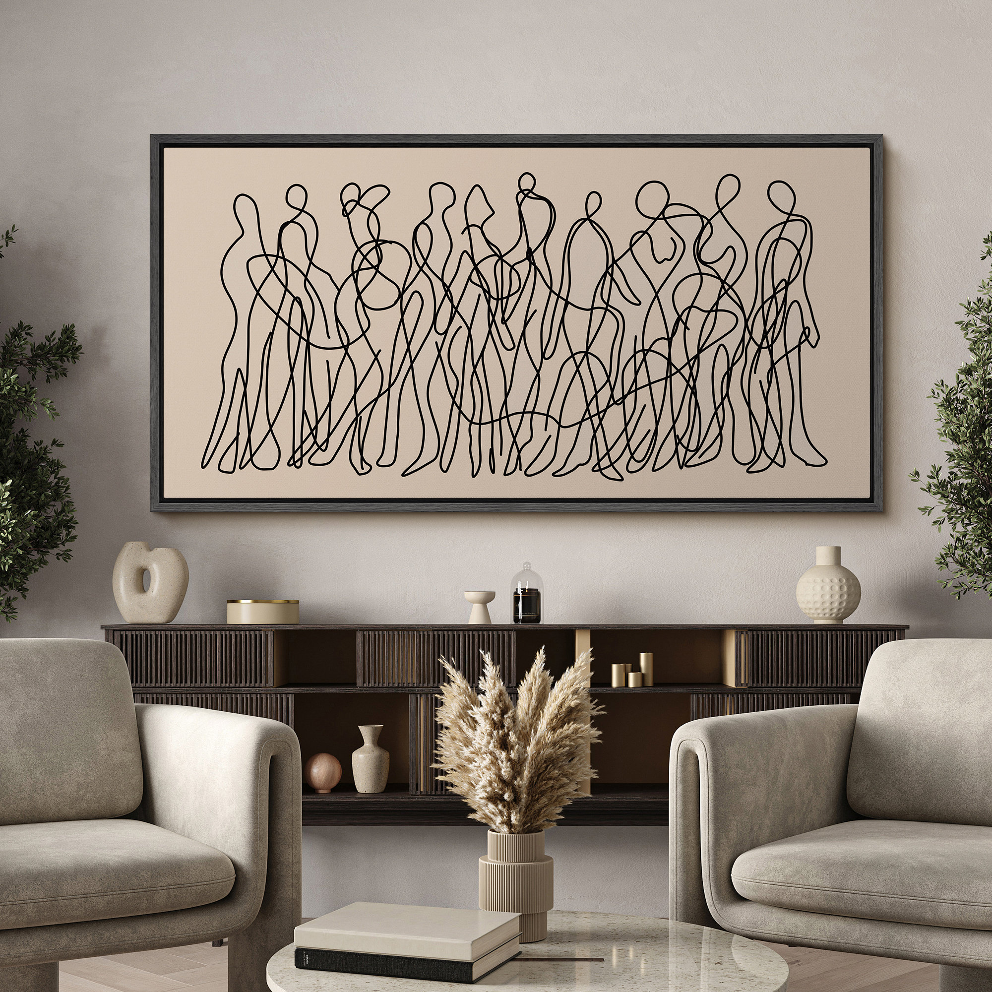 wall26 Abstract Line Figure Crowd Framed Canvas - Continuous Line ...