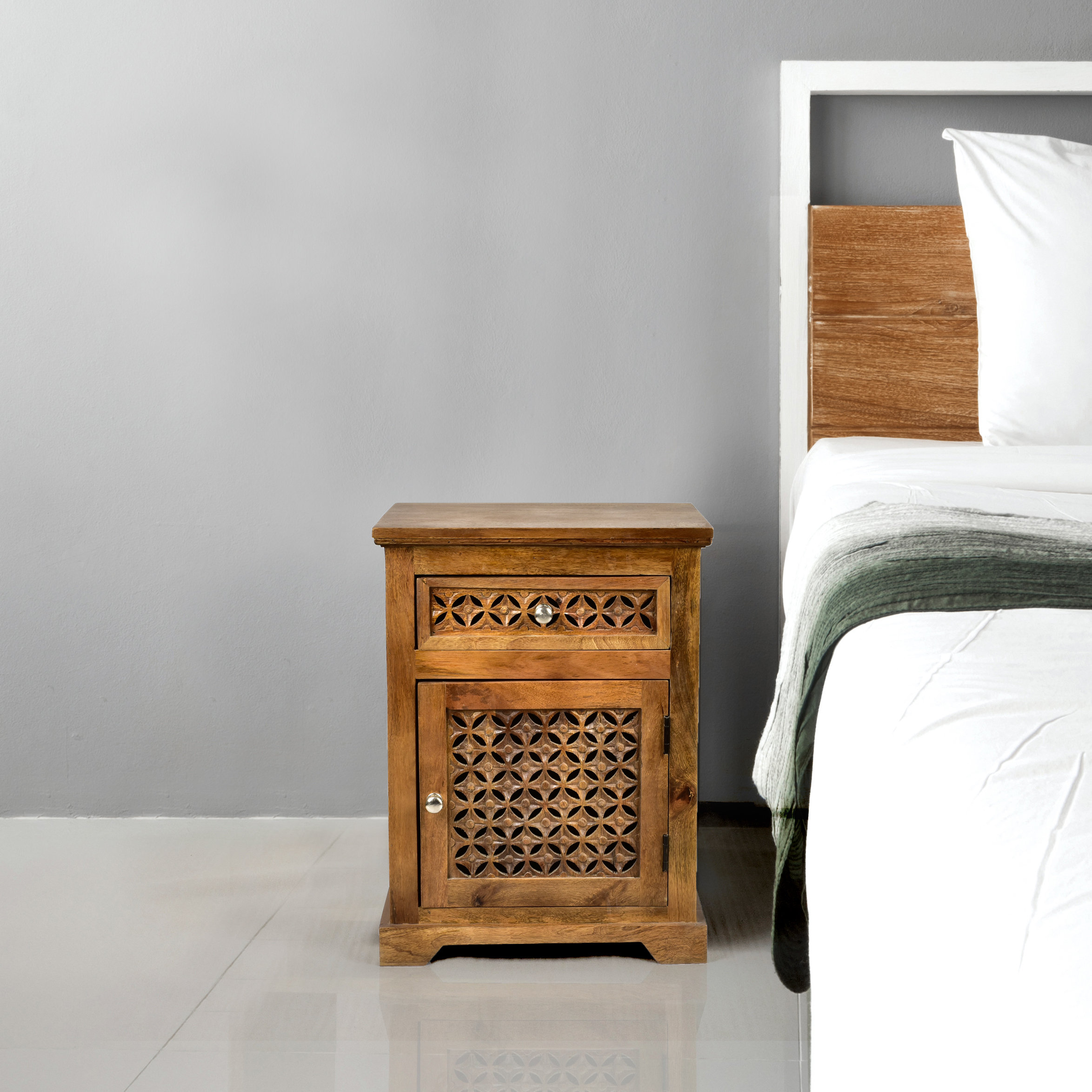 Bungalow Rose Irmalinda Rose Carving Mango Wood Bedside Table With 1 ...