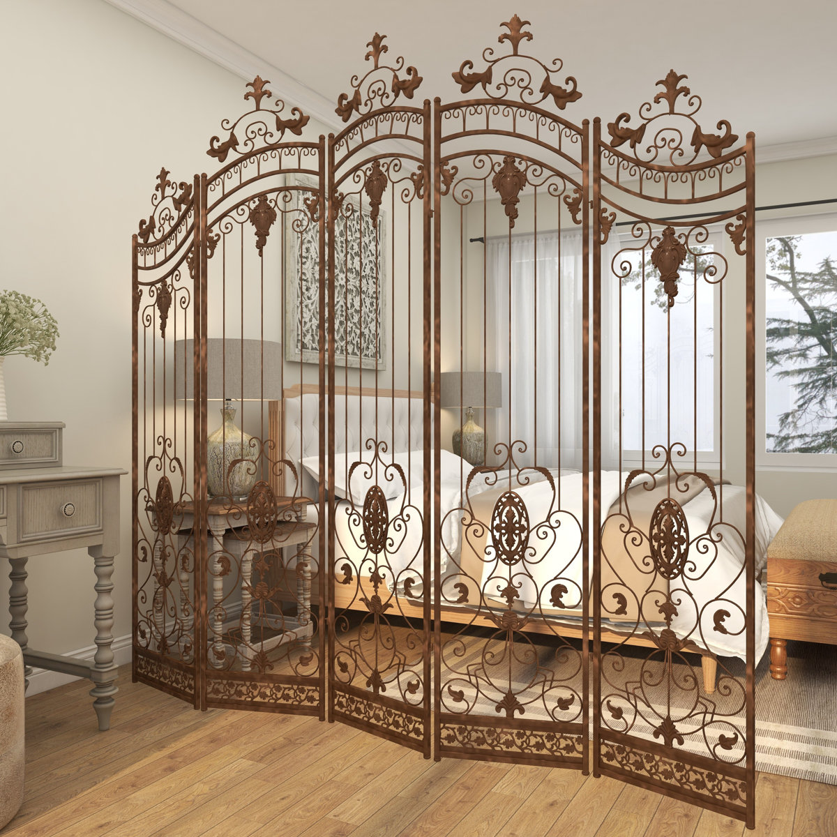 Astoria Grand Metal Hinged Foldable Arched Partition 5 Panel Partition ...