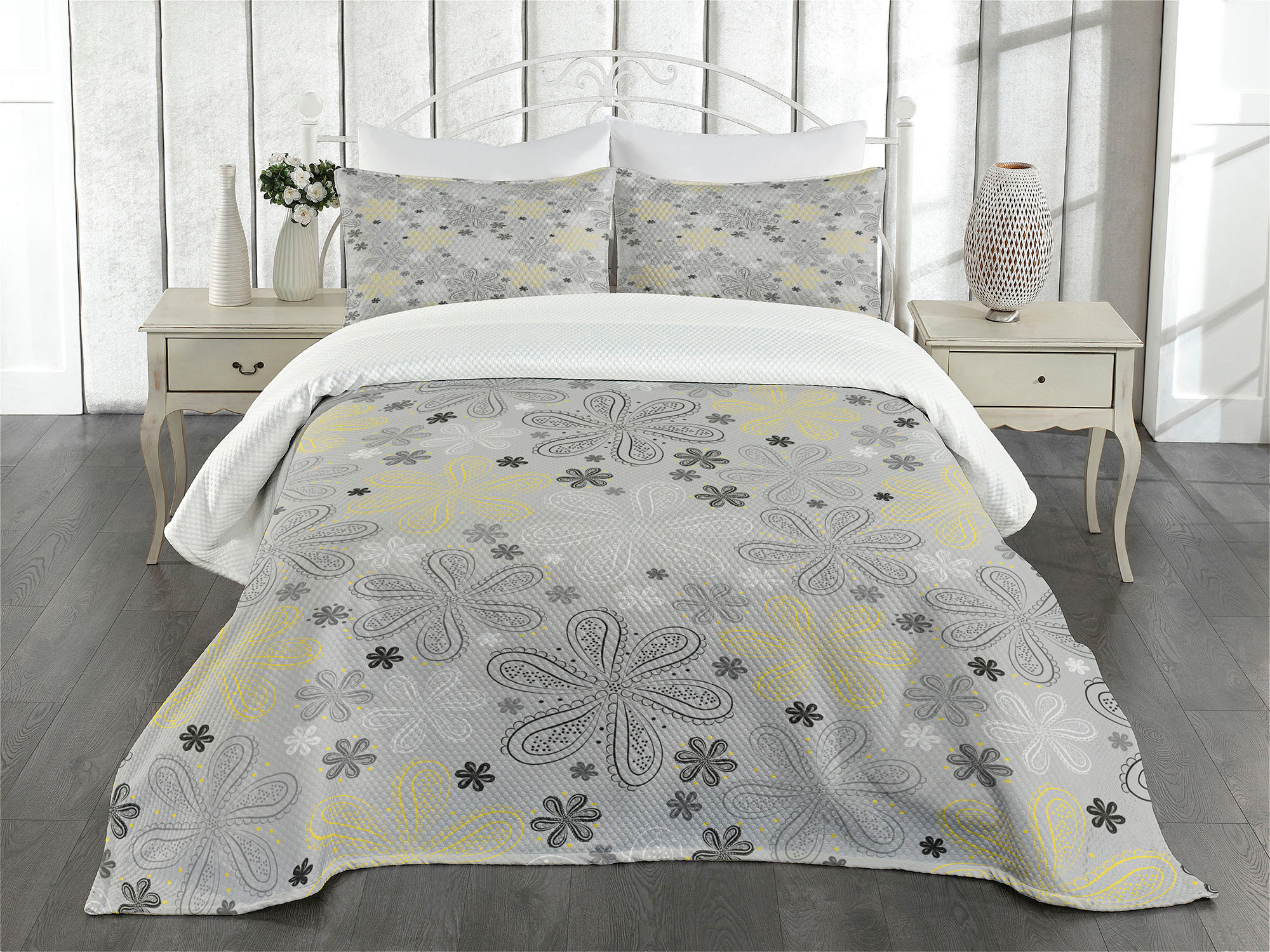 Ambesonne Grey Bedspread Set Style Yellow Flower Pale Grey White | Wayfair