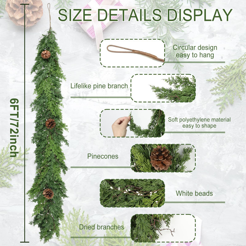 ATC HOLDINGS 6ft Cedar & Cypress Christmas Garland with Pine Cones ...