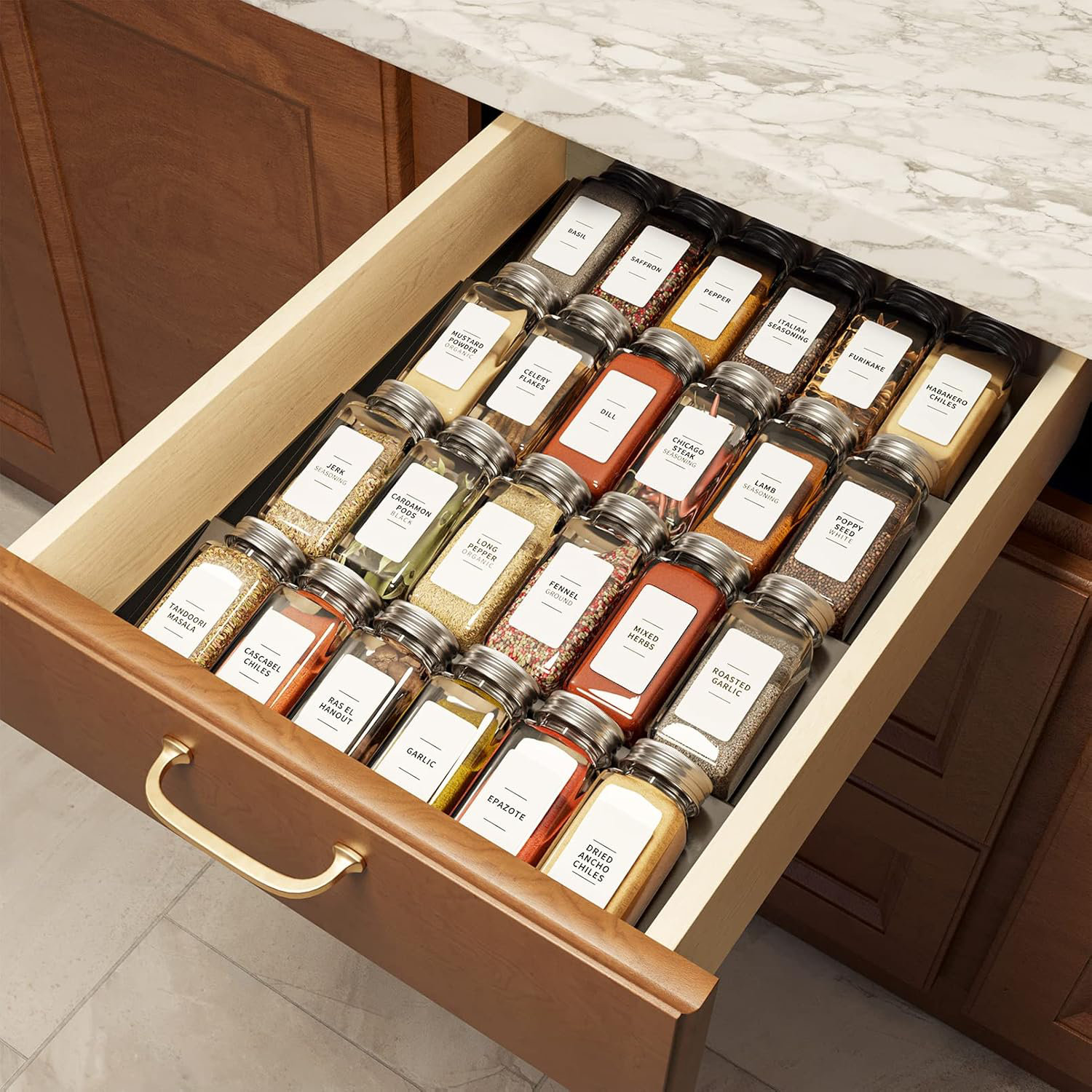 SpaceAid Spice Drawer Organizer with 24 Jars and 378 White Labels, 4 ...