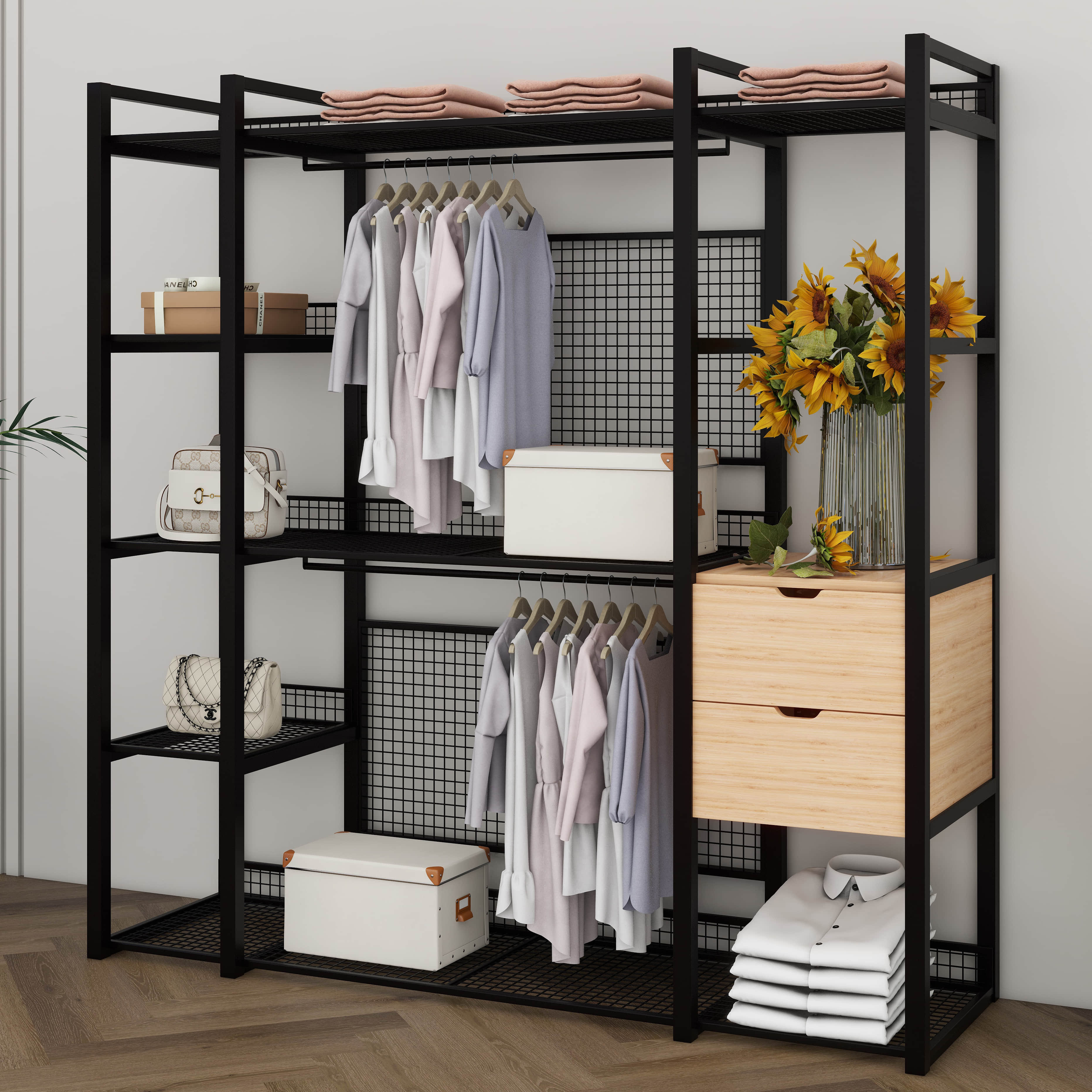 Ebern Designs Metal Open-Style Wardrobe With Hanging Rails, Shelves And ...