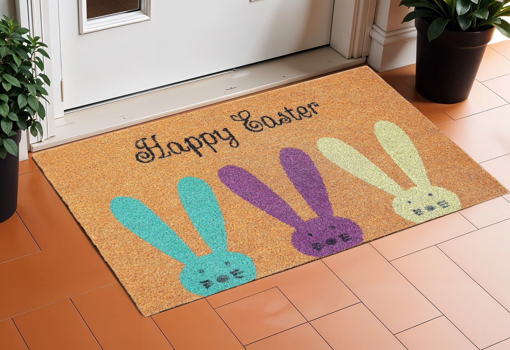 Ebern Designs 17" X 29" Natural Aqua And Purple Bunny Happy Easter Coir ...