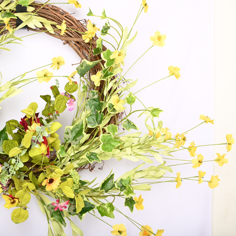 Primrue 28" Spring Summer Front Door Wreath with Pansy Daisy Blossoms ...