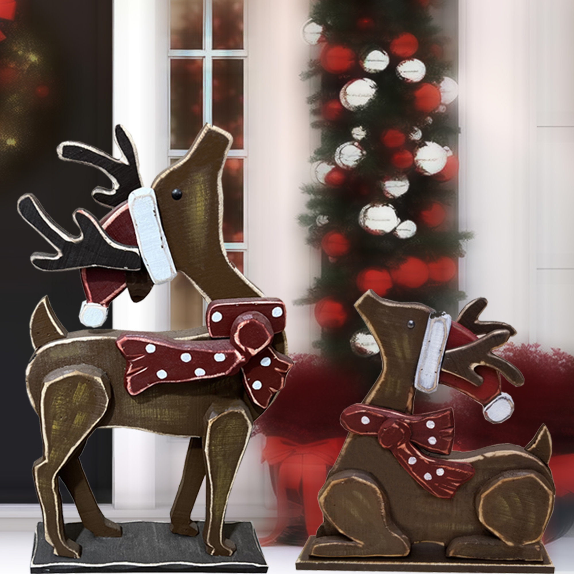 Hi-Line Gift Ltd. 2 Piece Wooden Reindeer Christmas Decor Set Indoor ...