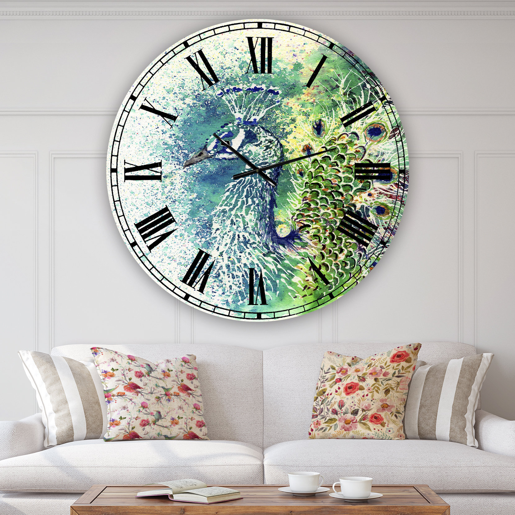 East Urban Home Peacock Bliss - Large Farmhouse Wall Clock | Wayfair