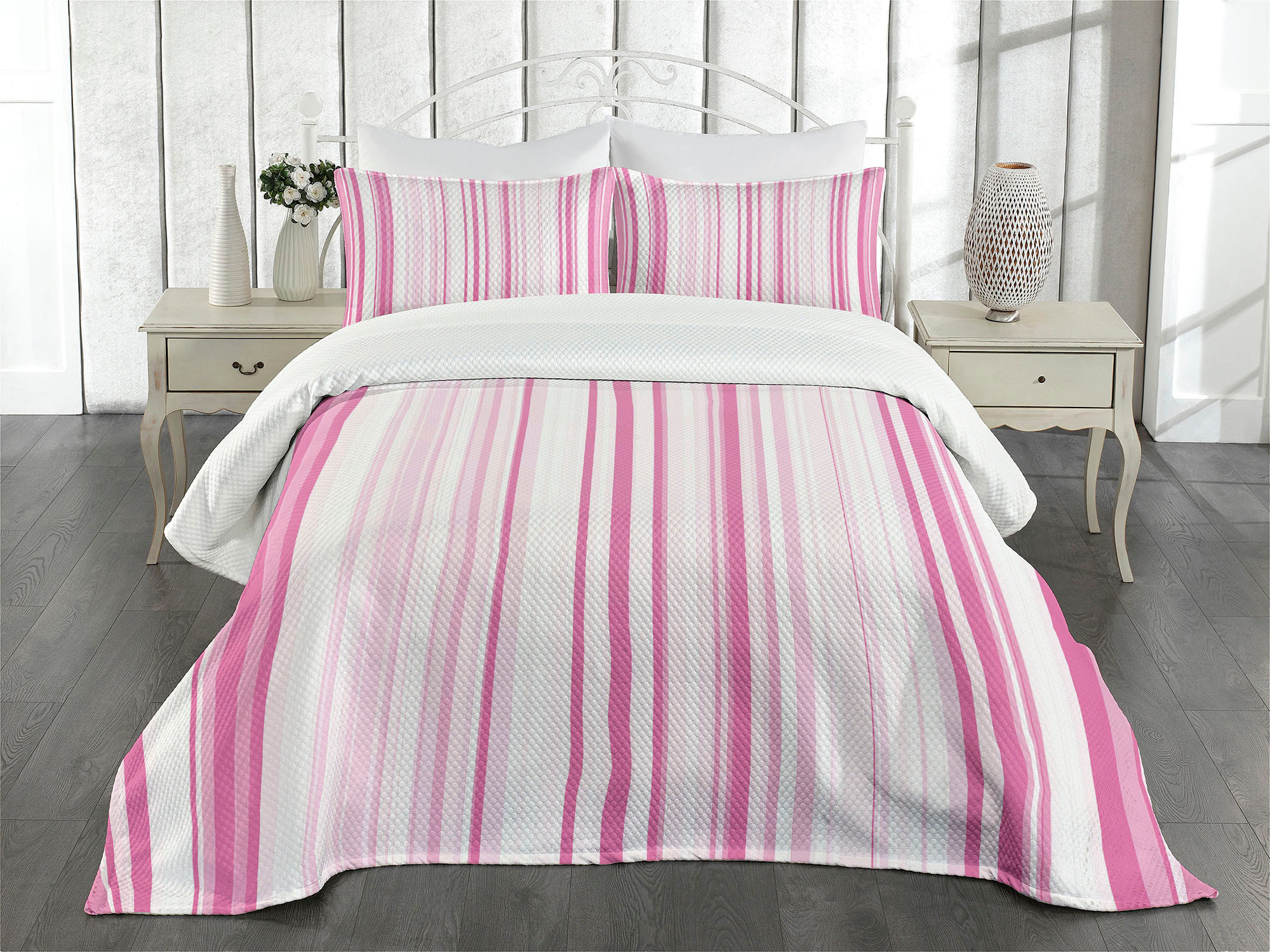Ambesonne Pale Pink Bedspread Set Vertically Striped White Pale Pink ...