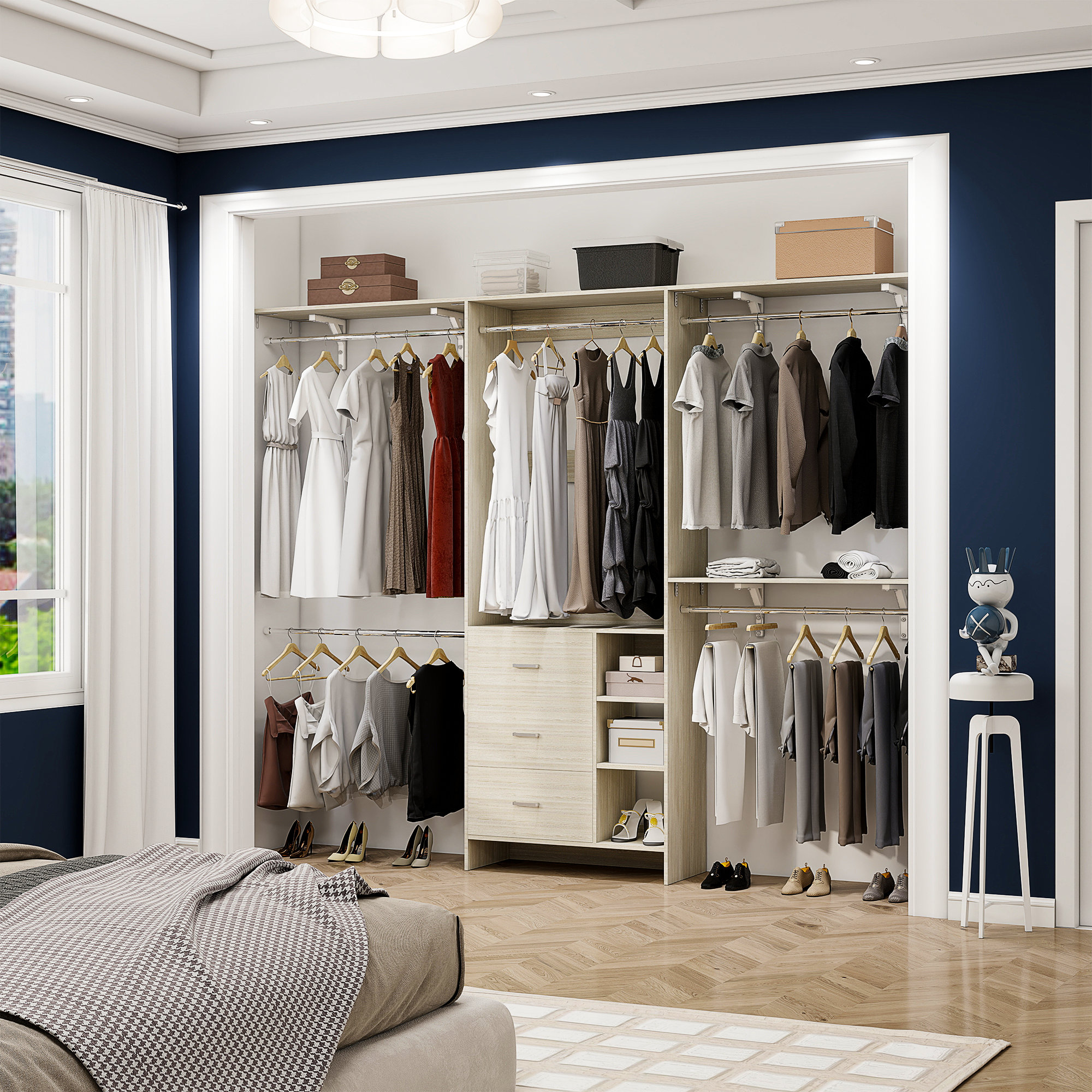 Aheaplus 96'' Closet System with 5 Hanging Rods and 3 Wood Drawers ...