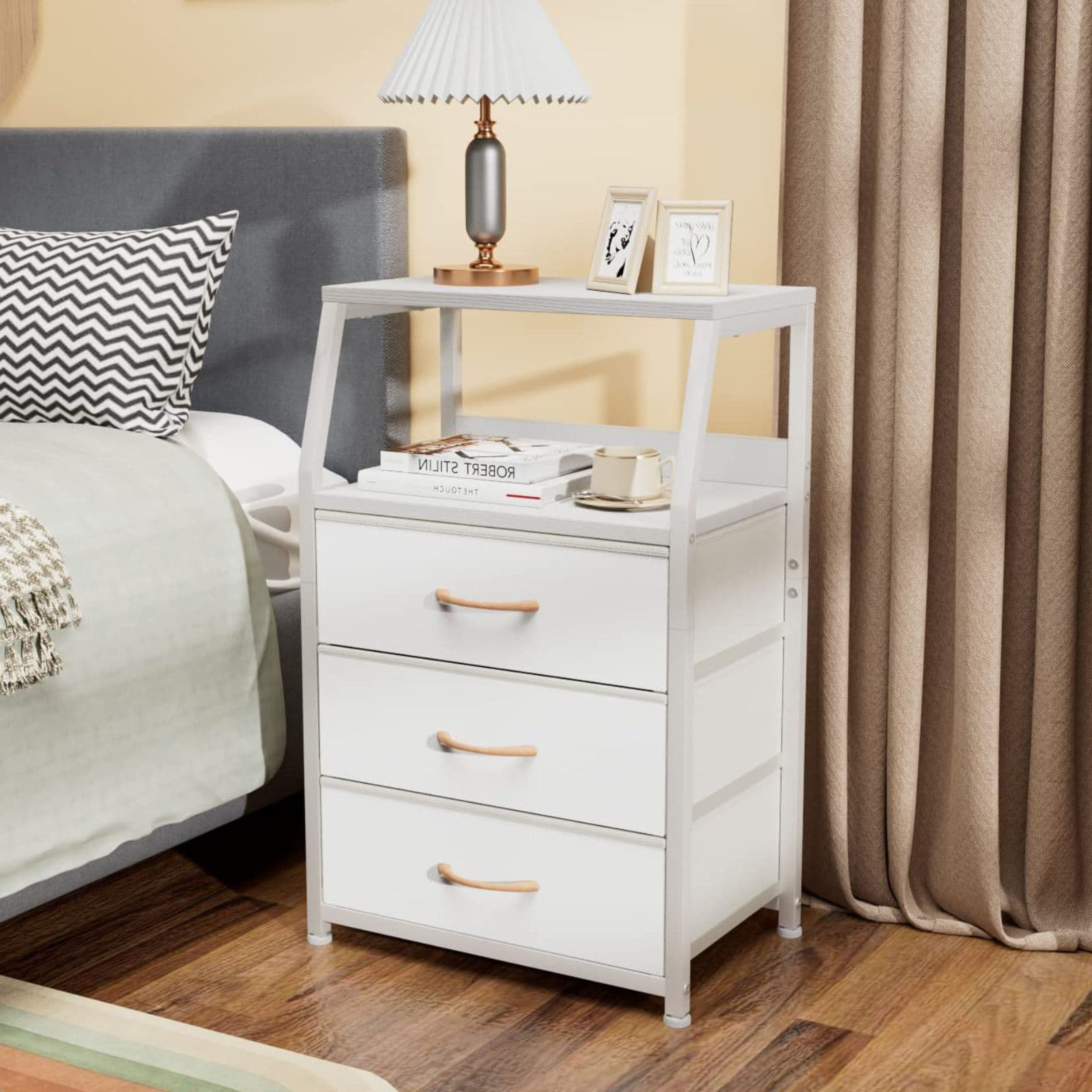 Ebern Designs White 3-Drawer Nightstand With 2-Tier Shelf. Sturdy Steel ...