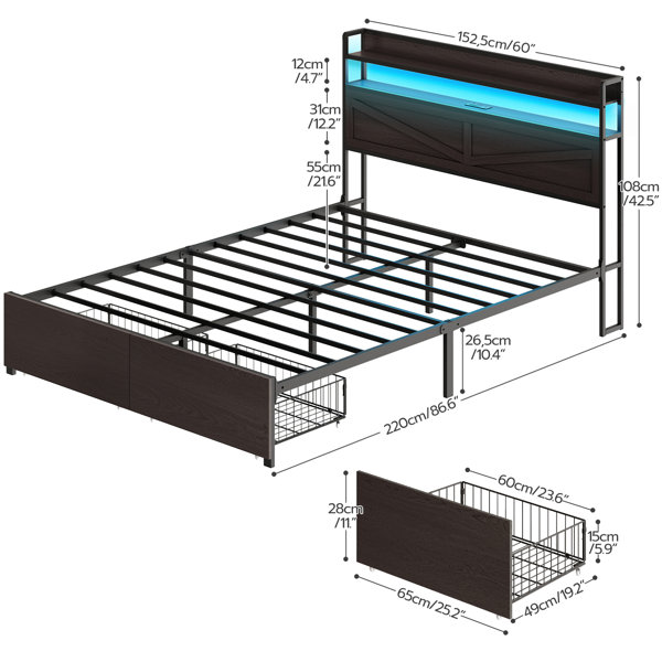 Wade Logan® Bejo Metal Storage Bed Frame with LED Light and Charging ...