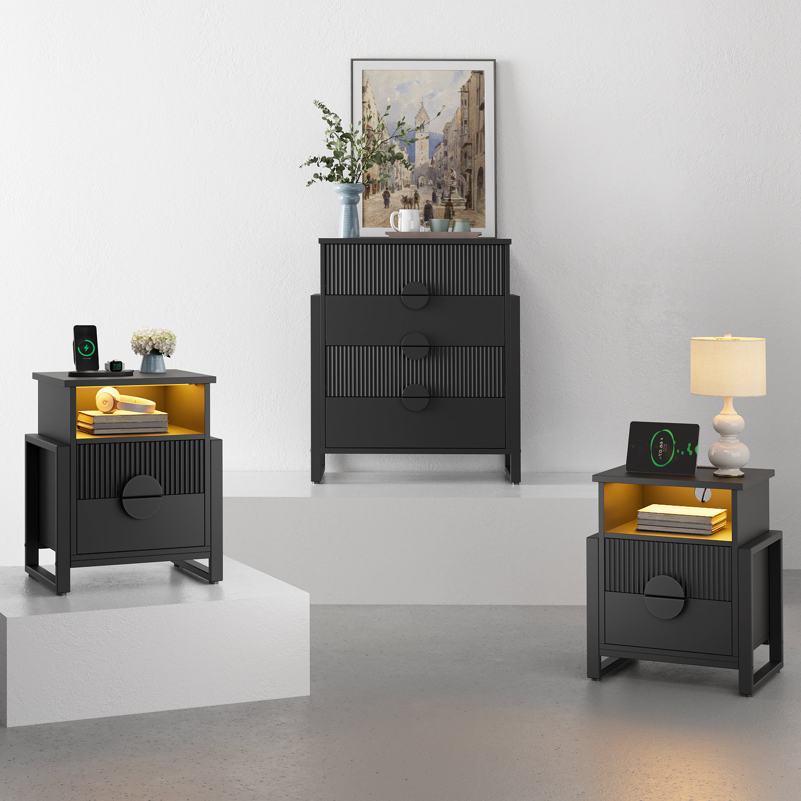 Wrought Studio™ 3-piece Bedroom Set - 4 Drawer Fluted Dresser And Two 2 ...