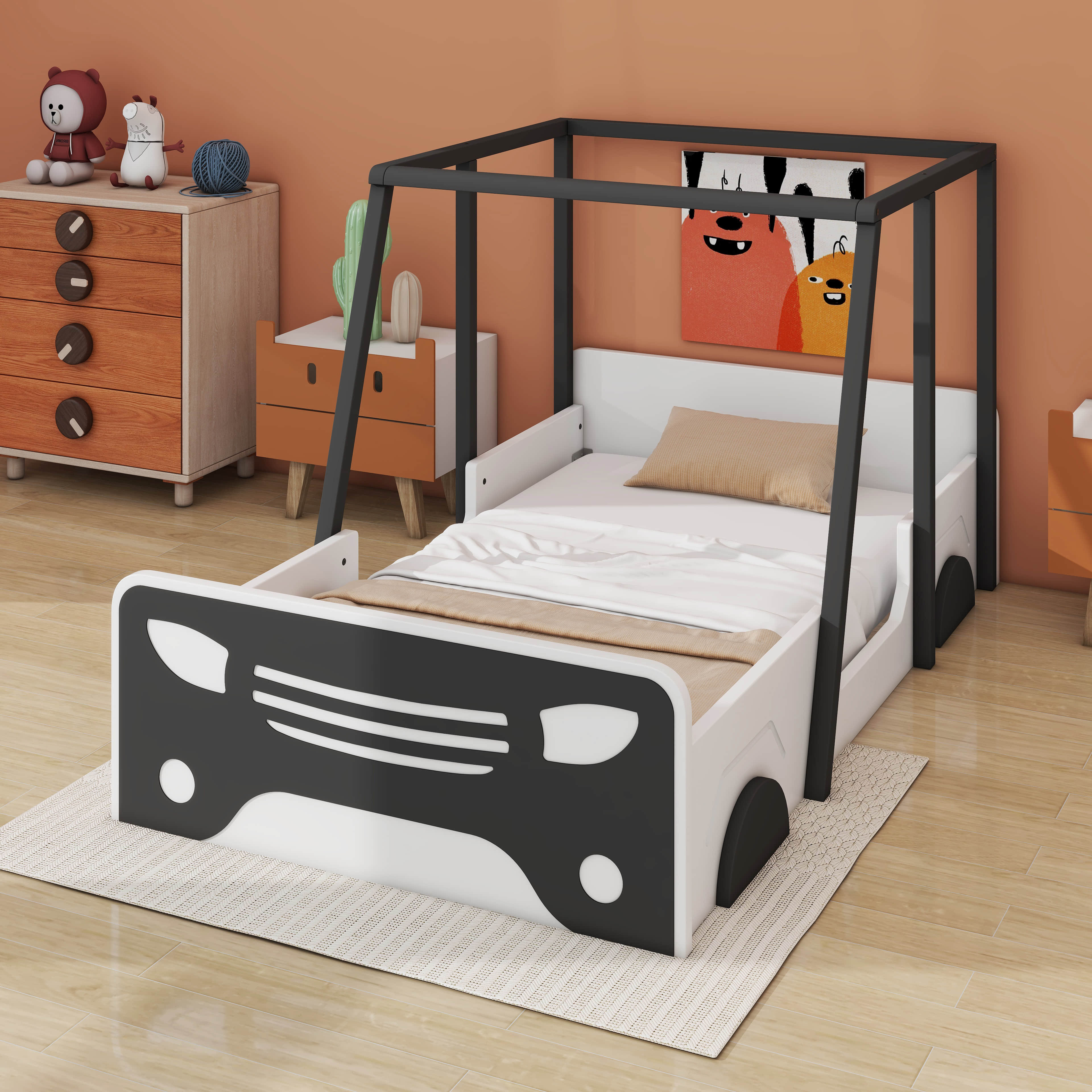 Zoomie Kids Twin Size Wooden Race Car Bed Frame With Wheels, Roof ...