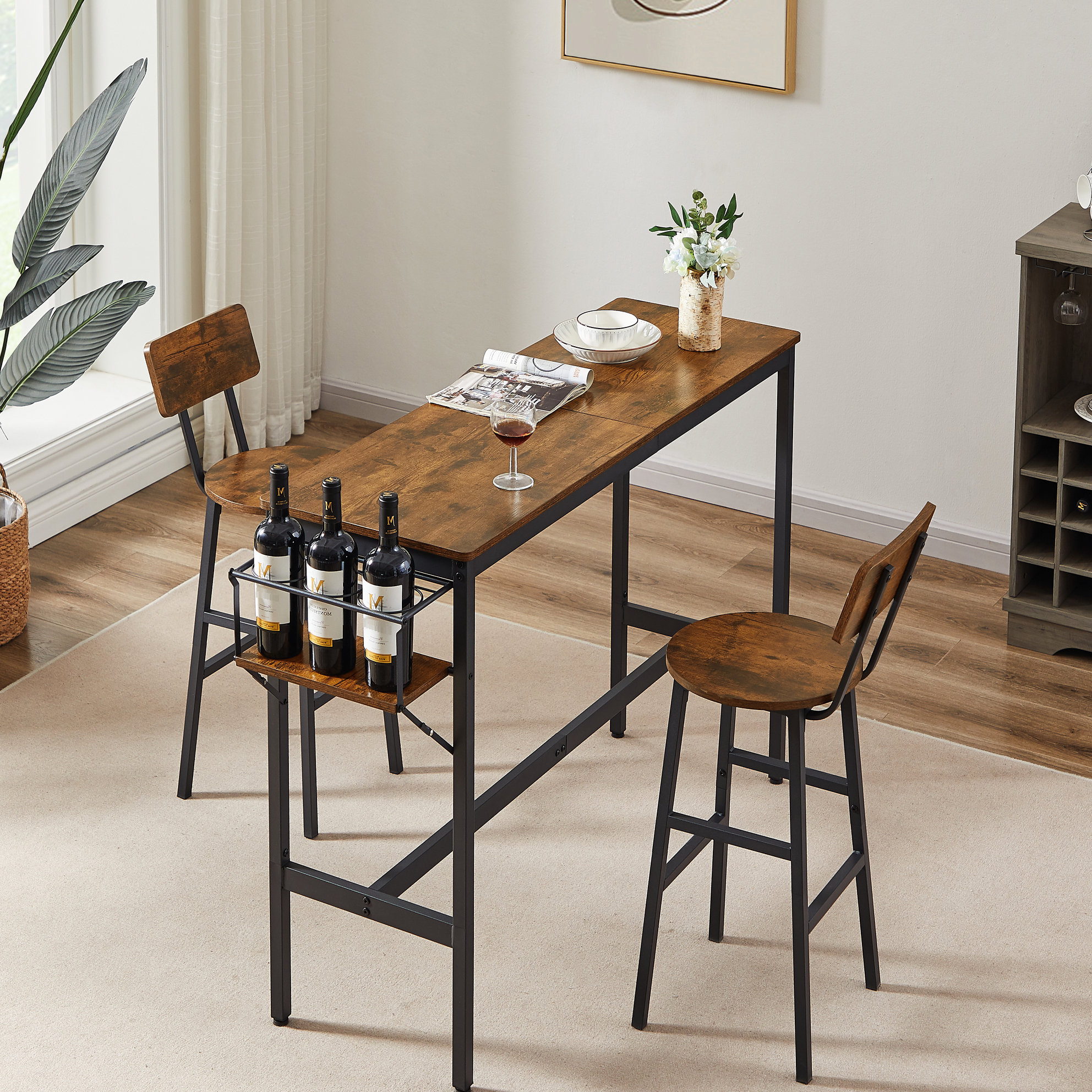 17 Stories Rustic Brown Bar Table And Stool Package With Wine Bottle ...