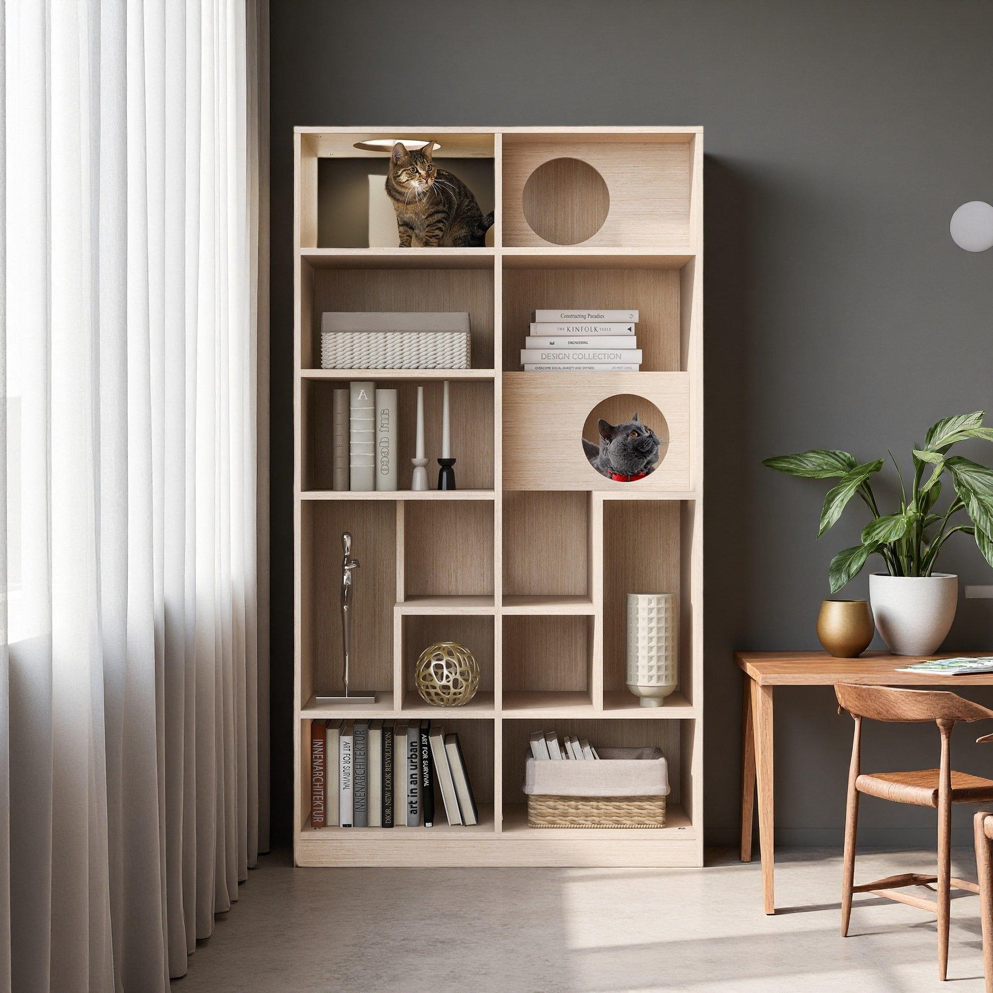 Latitude Run® Modern 2 IN 1 Wood Bookshelf Cat House, Cat Tree Display ...