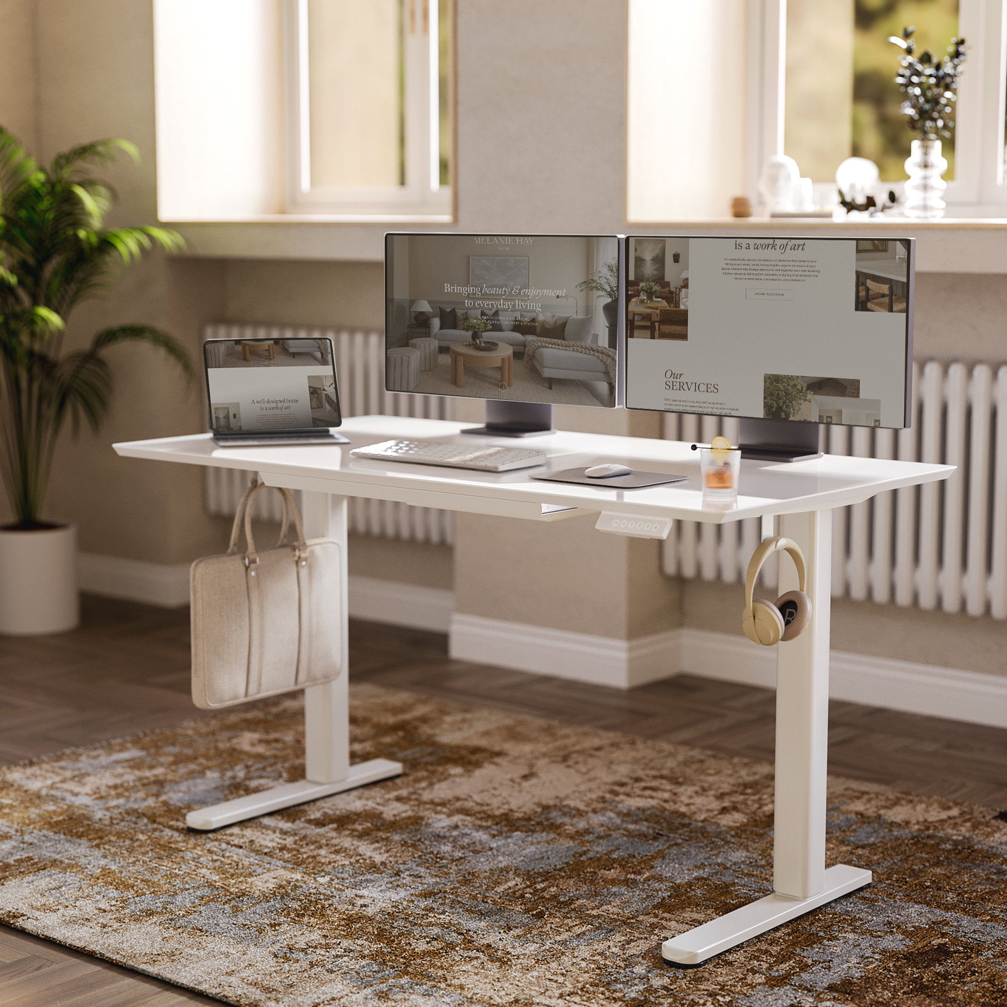 Inbox Zero Electric Height Adjustable Standing Desk with Glass Top and ...