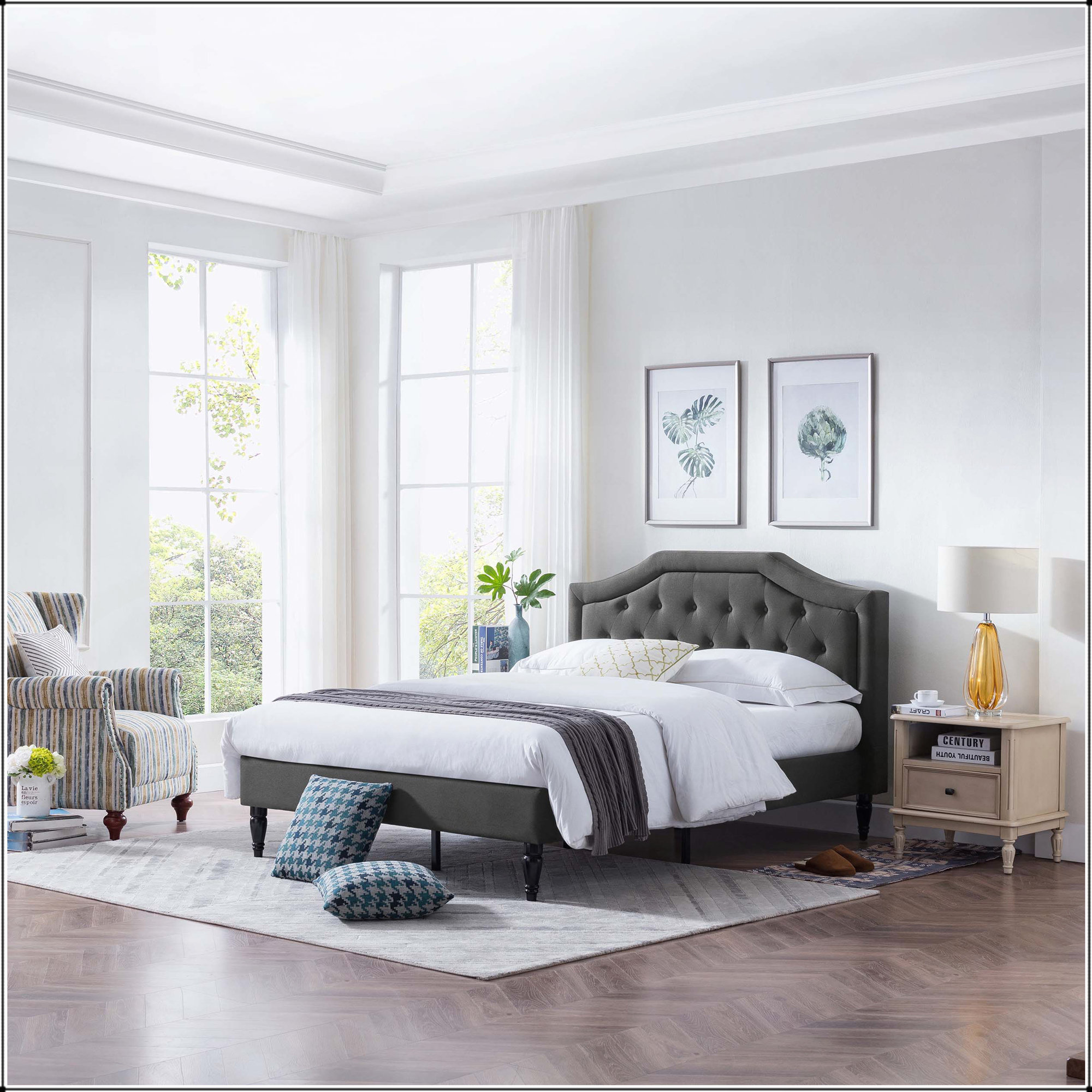 Winston Porter Queen Size Upholstered Bed with Button-Tufted Design and ...