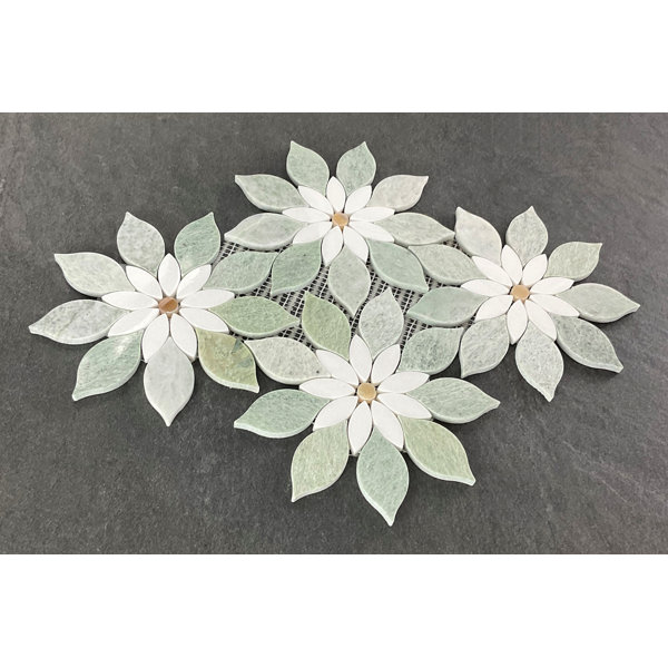 ES Stone 8.5" x 8.5" Ming Green Large Daisy Flower Pattern Marble ...