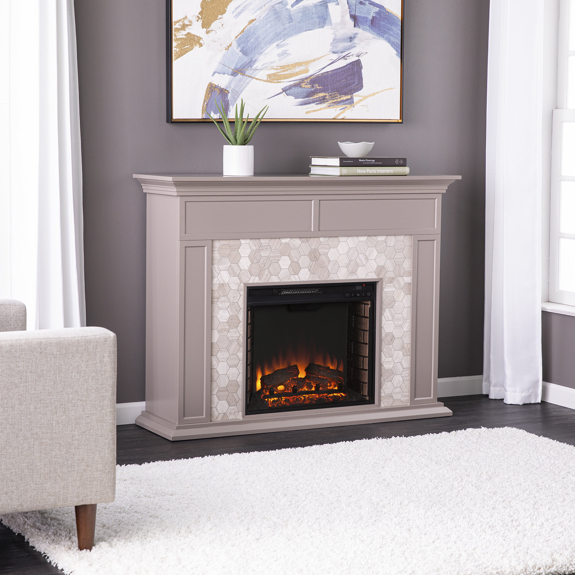 Red Barrel Studio® Marble Tiled Electric Fireplace Gray & Reviews | Wayfair