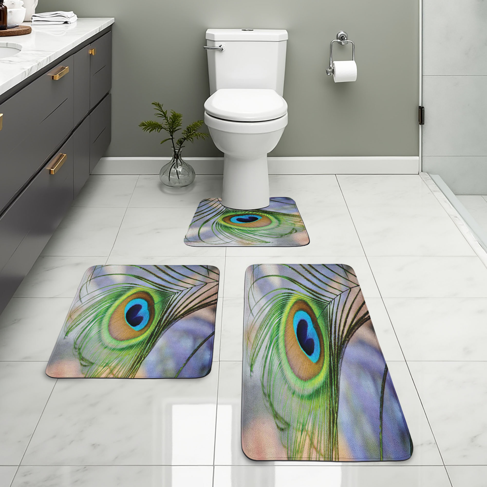 East Urban Home Peacock Bathroom Rug Set 3 Pieces U-Shape & Rectangle ...