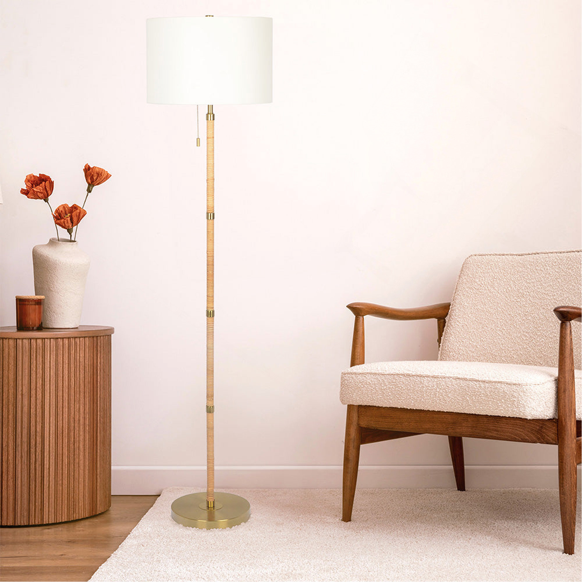 Dakota Fields Stellar Wood Rattan Tube , Gold Brass Metal And White Linen Shade Floor Lamp ...