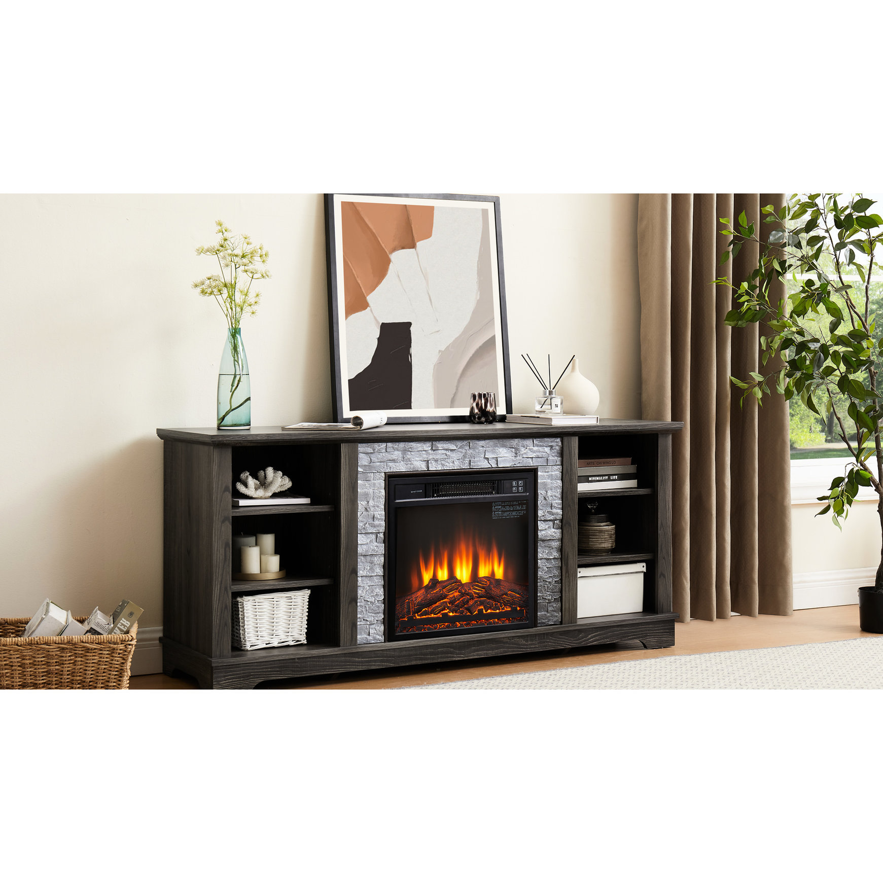 Latitude Run® Electric Fireplace , Grey, 18" Insert, Faux Stacked Stone ...
