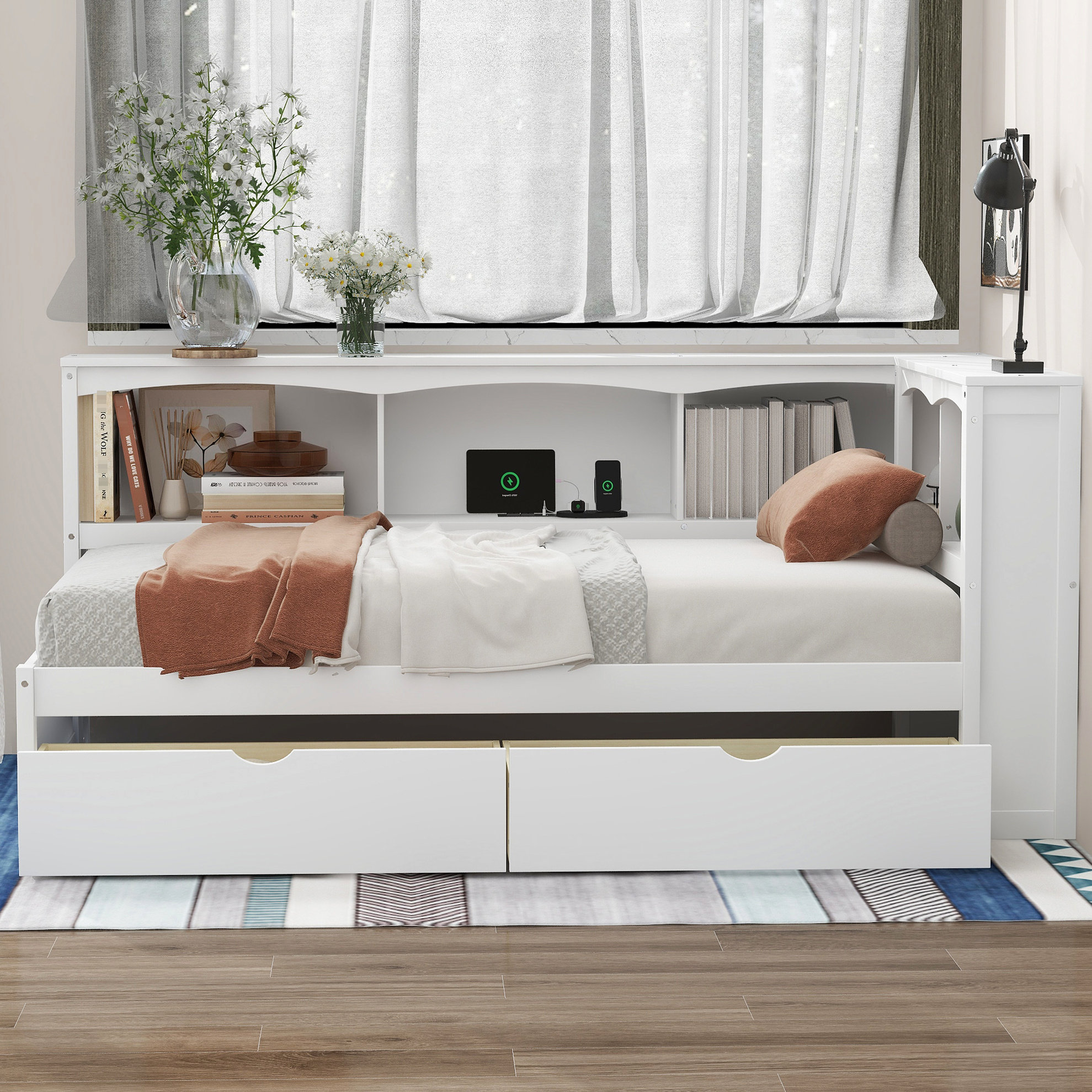 Red Barrel Studio Twin Size Daybed In White With Chargers And Storage ...