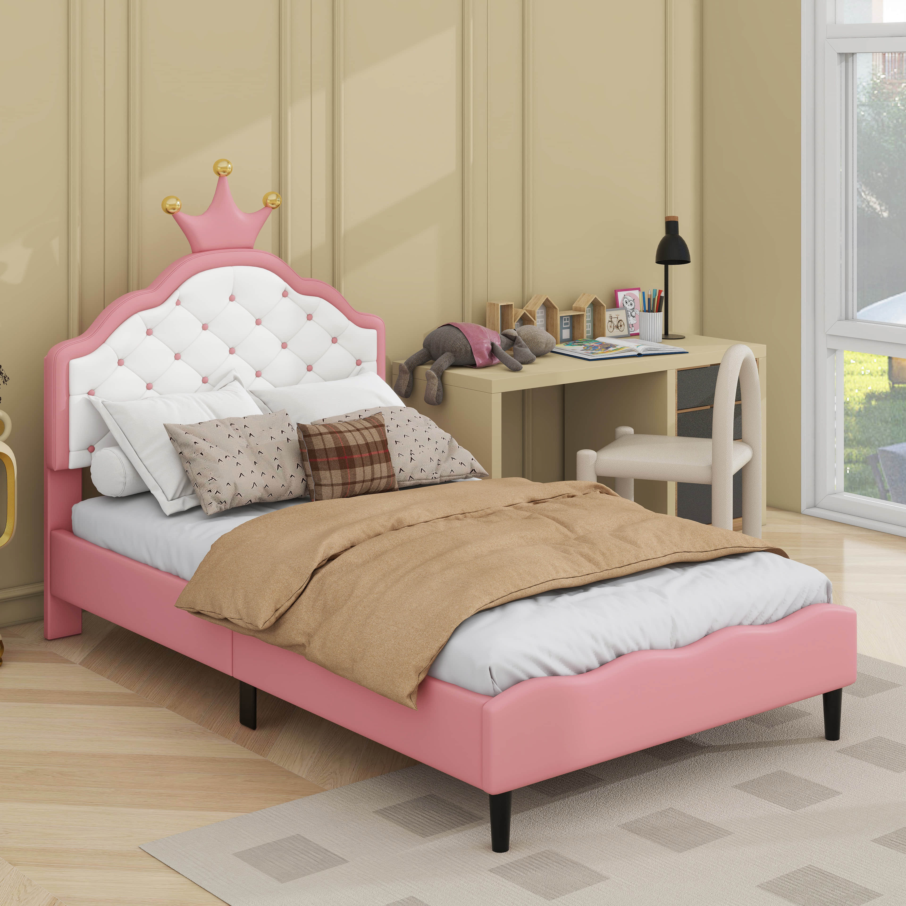 Gemma Violet Lovely Crown Fantasy PU Leather Princess Bed With Tufted ...