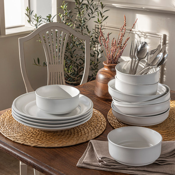 over&back Rimmed 12-Piece Semi Hand-Finished Stoneware Dinnerware Set ...
