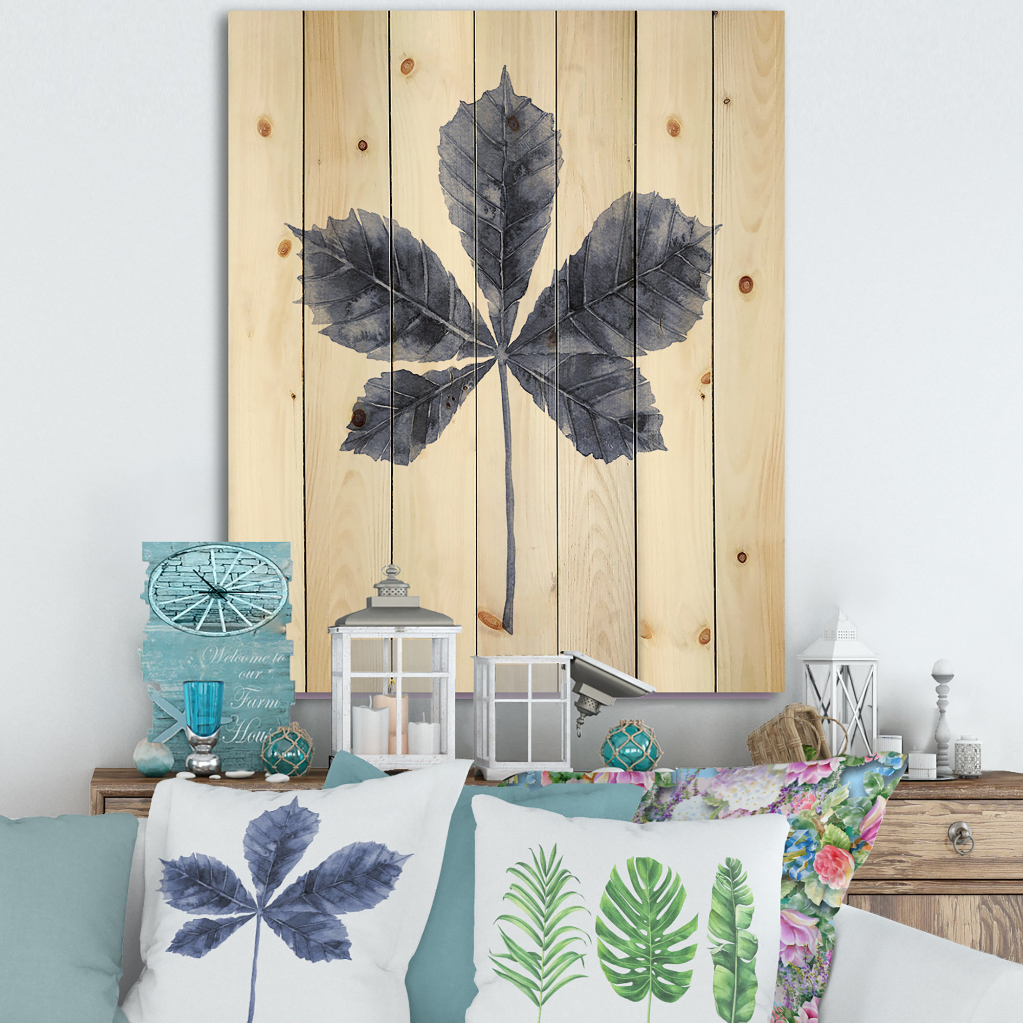 East Urban Home Navy Blue Chestnut Leaf - Traditional Print On Natural ...