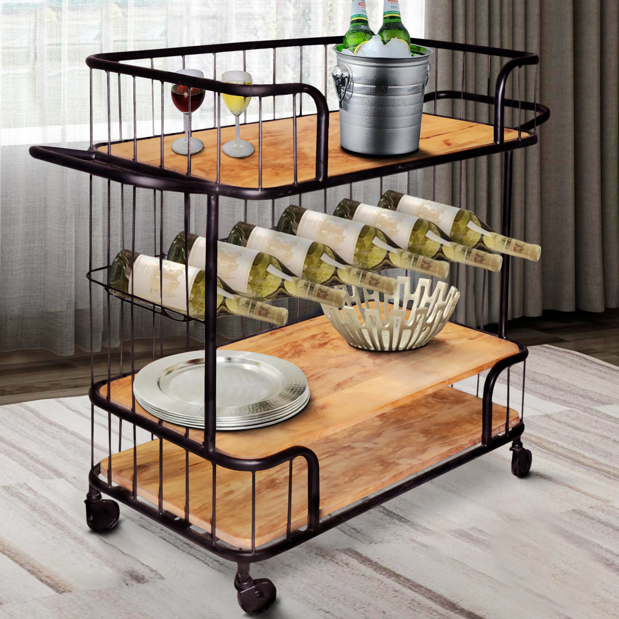 17 Stories Metal Frame Bar Cart With Wooden Top And 2 Shelves - Wayfair ...